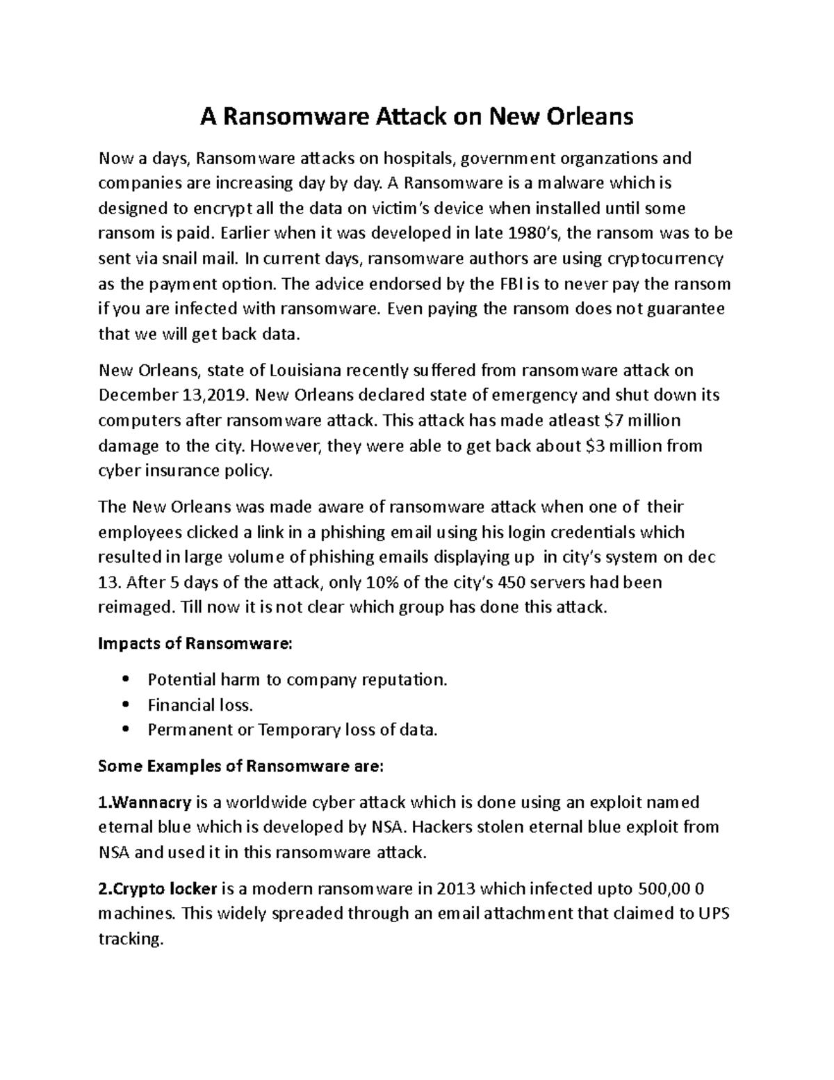 Ransomware 448 assignment 1 - A Ransomware Attack on New Orleans Now a ...