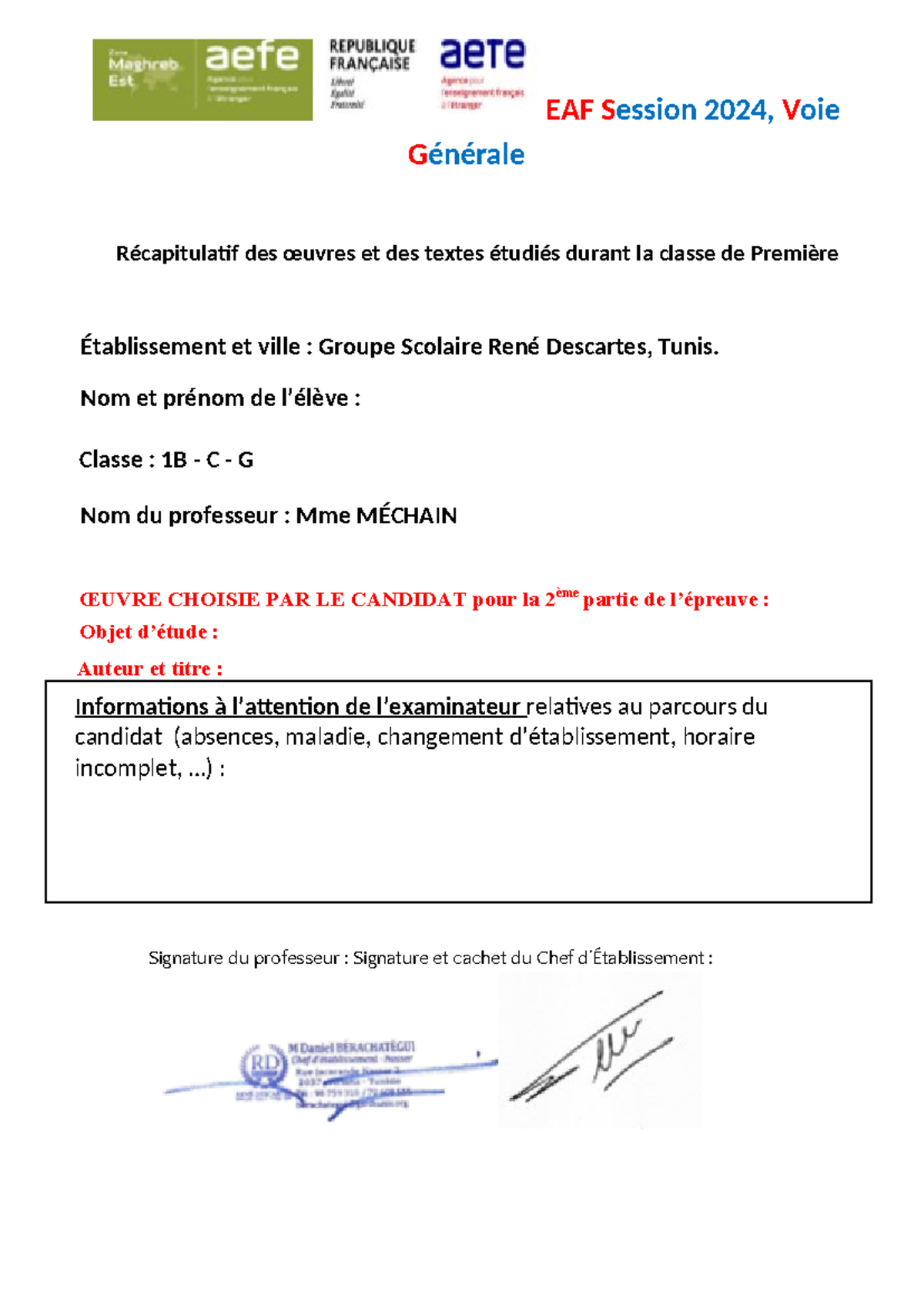 Récapitulatif eaf première générale 2024 - EAF Session 2024, Voie Générale Récapitulatif des ...