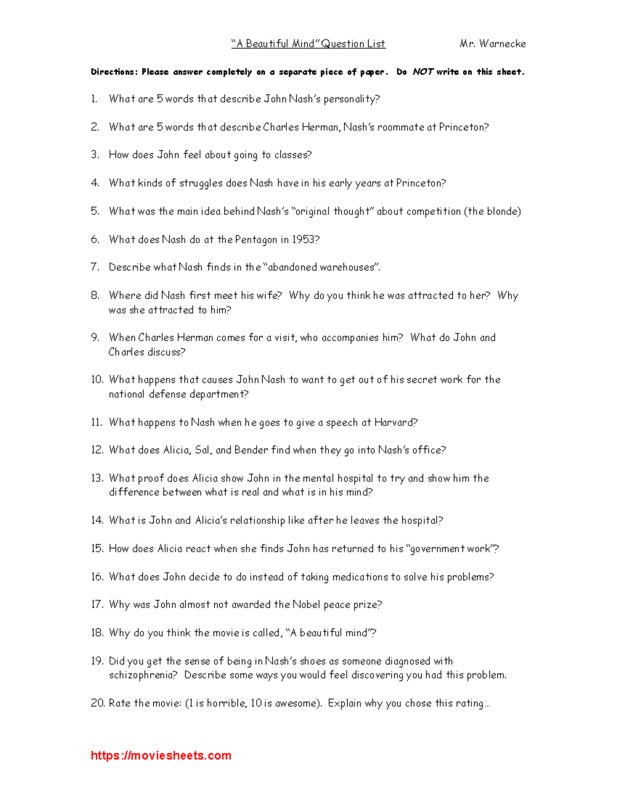 A beautiful mind 1 - “A Beautiful Mind” Question List Mr. Warnecke ...