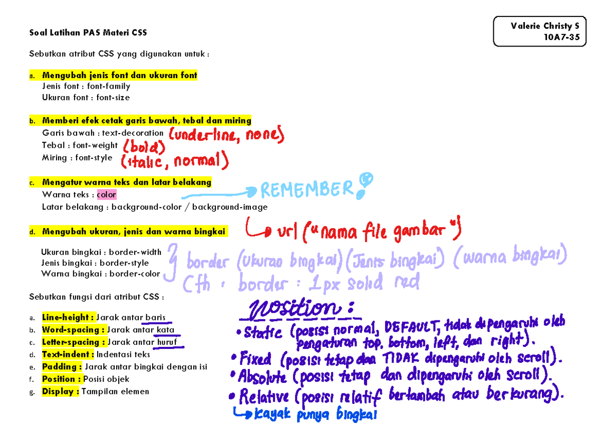 matematika dasar - Soal Latihan PAS Materi CSS Sebutkan atribut CSS yang digunakan untuk : a ...