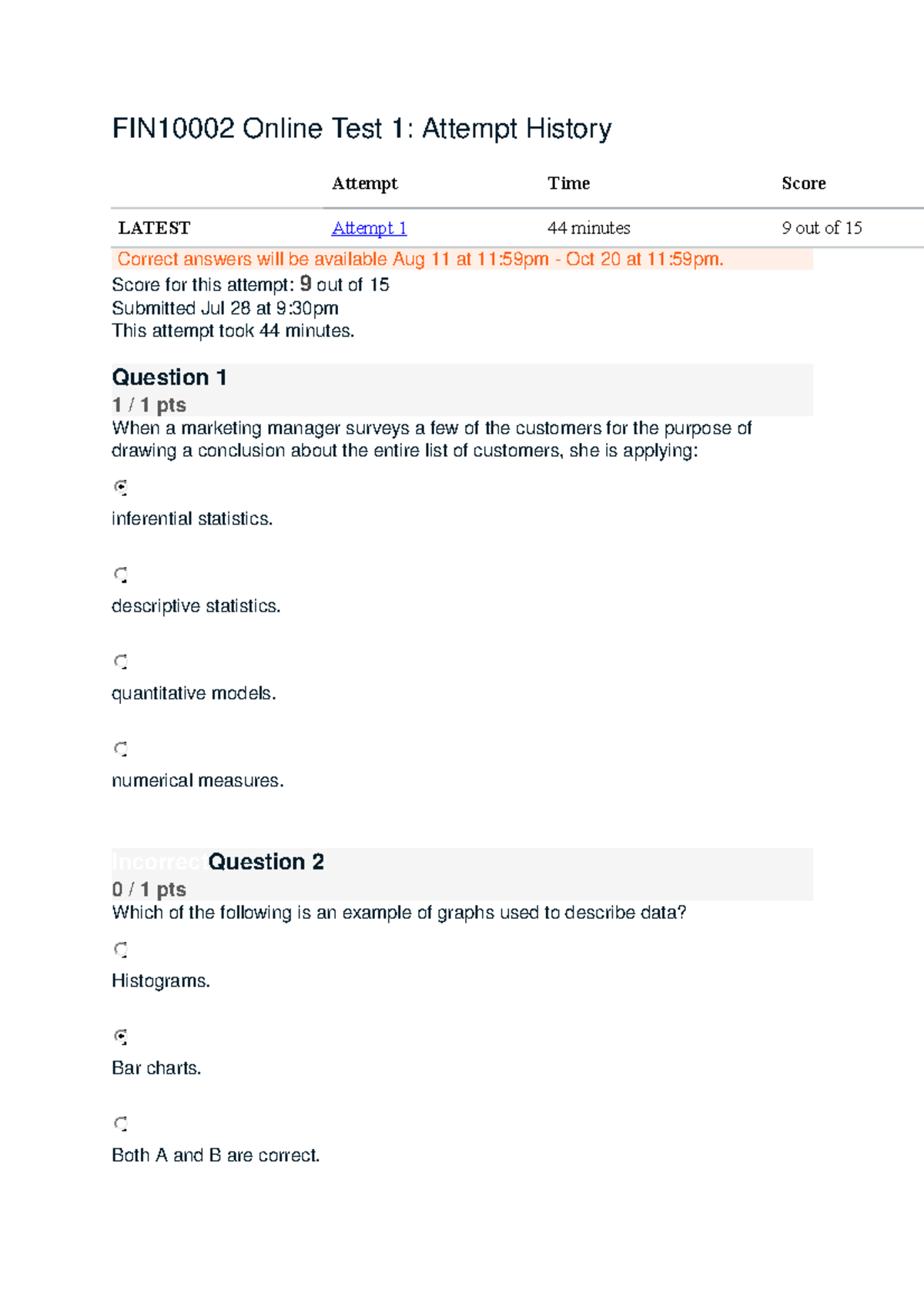 FIN10002 Online Test 1 - Score for this attempt: 9 out of 15 Submitted ...