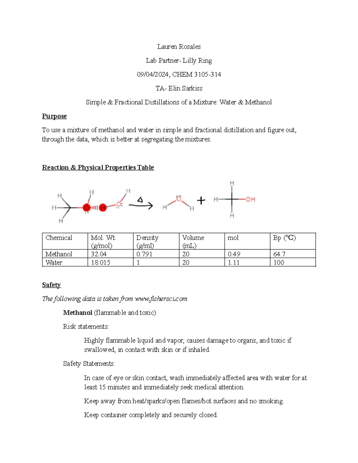Ochem exp 1 - Lab report for experiment 1 - Lauren Rosales Lab Partner- Lilly Ring 09/04/2024 ...