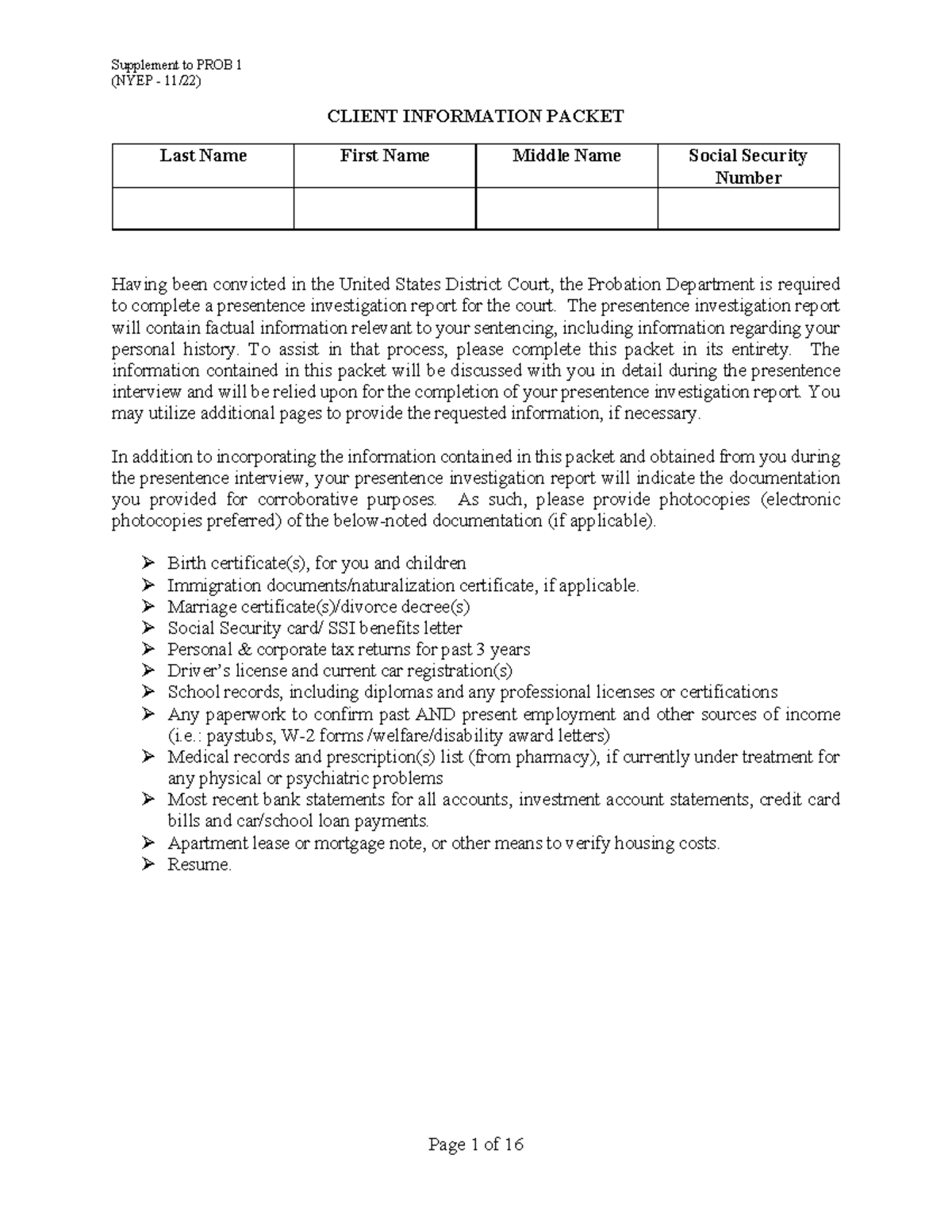 CRIMINAL JUSTICE Week 7 - (NYEP - 11/22) CLIENT INFORMATION PACKET ...