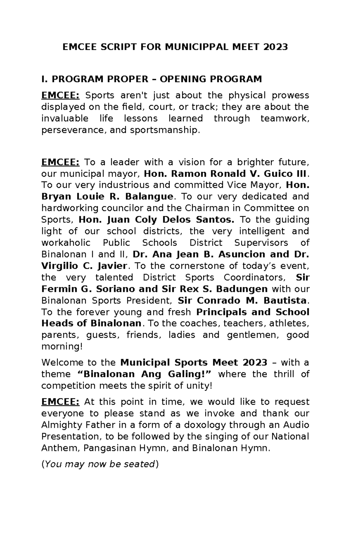 Emcee Script FOR municipal MEET 2023 - EMCEE SCRIPT FOR MUNICIPPAL MEET ...