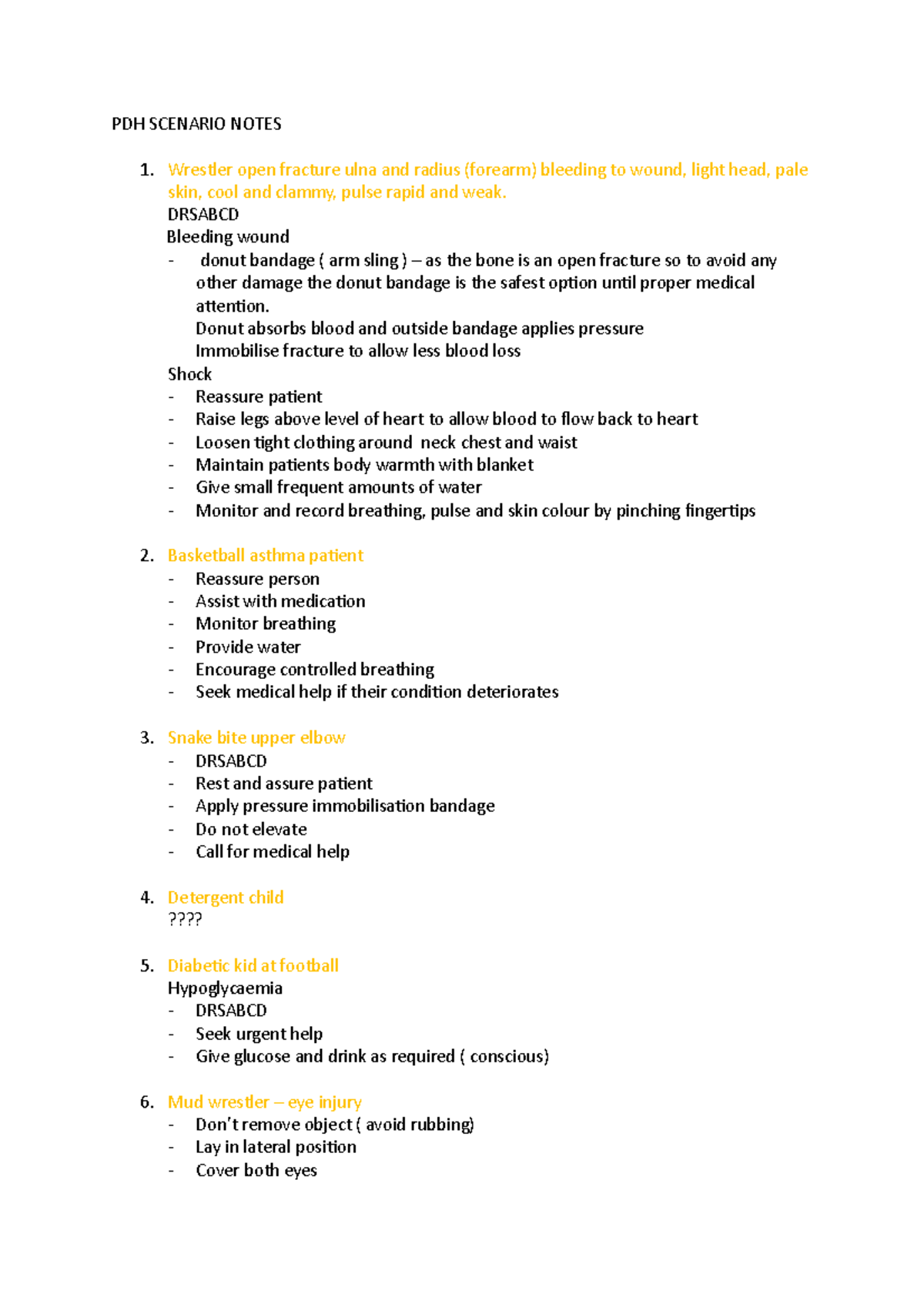 PDH Scenario Notes - PDH SCENARIO NOTES Wrestler open fracture ulna and ...