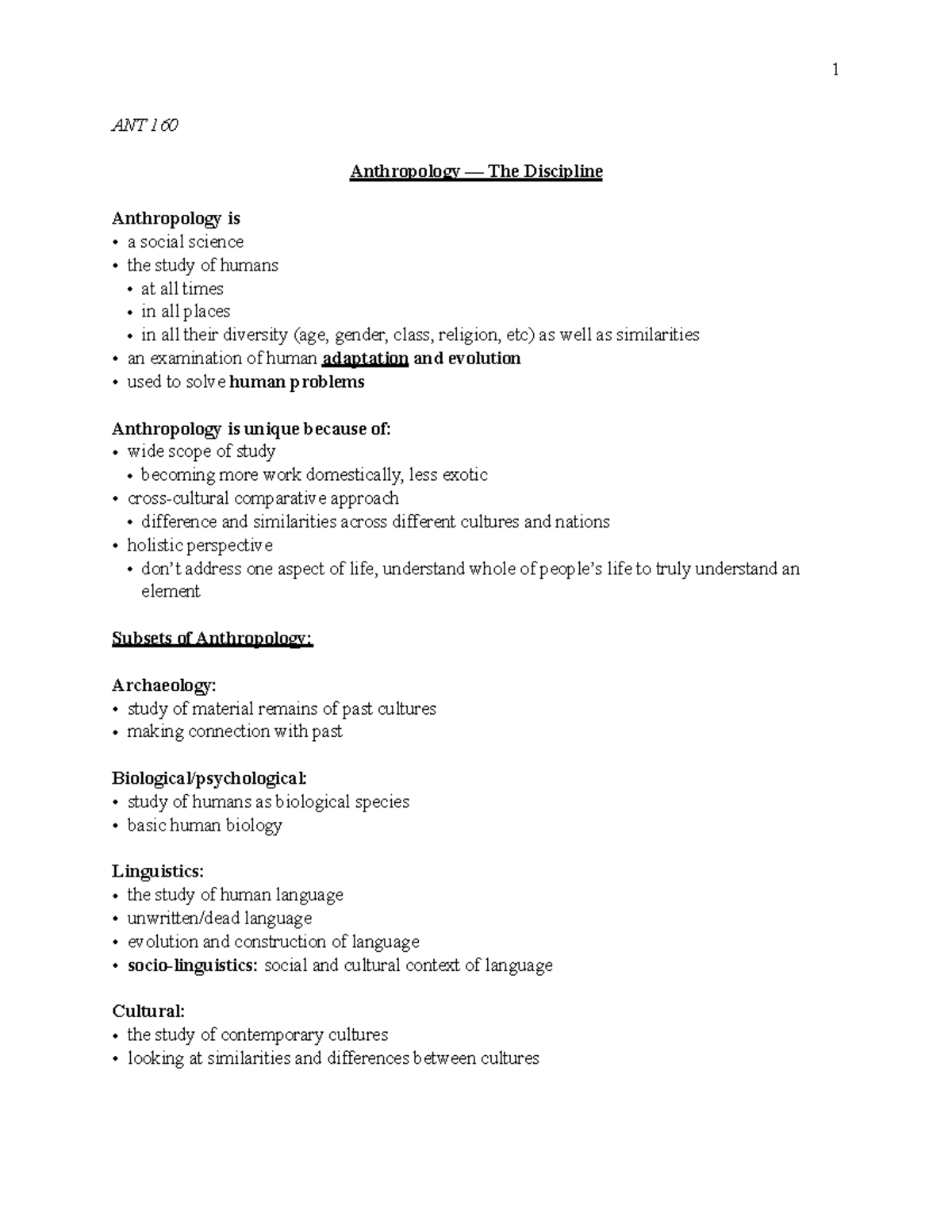 ANT 160 - Lecture notes 1 - !1 ANT 160 Anthropology The Discipline ...
