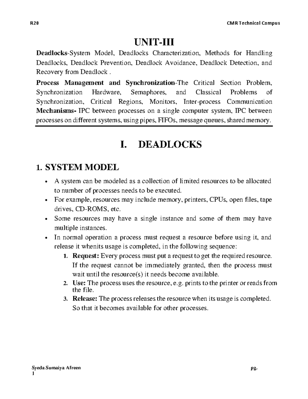 OS Unit -3 Notes-1 - Syeda Sumaiya Afreen pg. UNIT-III Deadlocks-System ...
