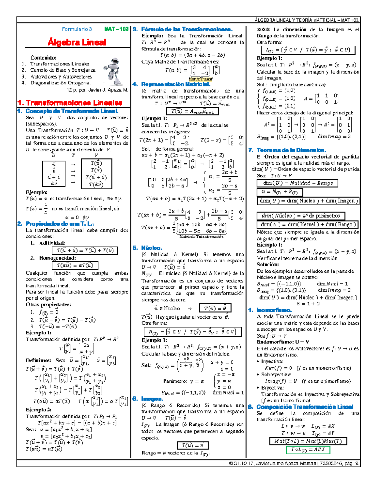 3cer Parcial Lineal - Formulario - Formulario 3 MAT – 103 Álgebra ...