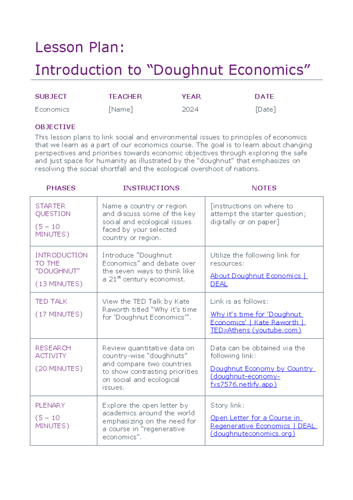 Lesson Plan Template - Doughnut Economics - Lesson Plan: Introduction ...