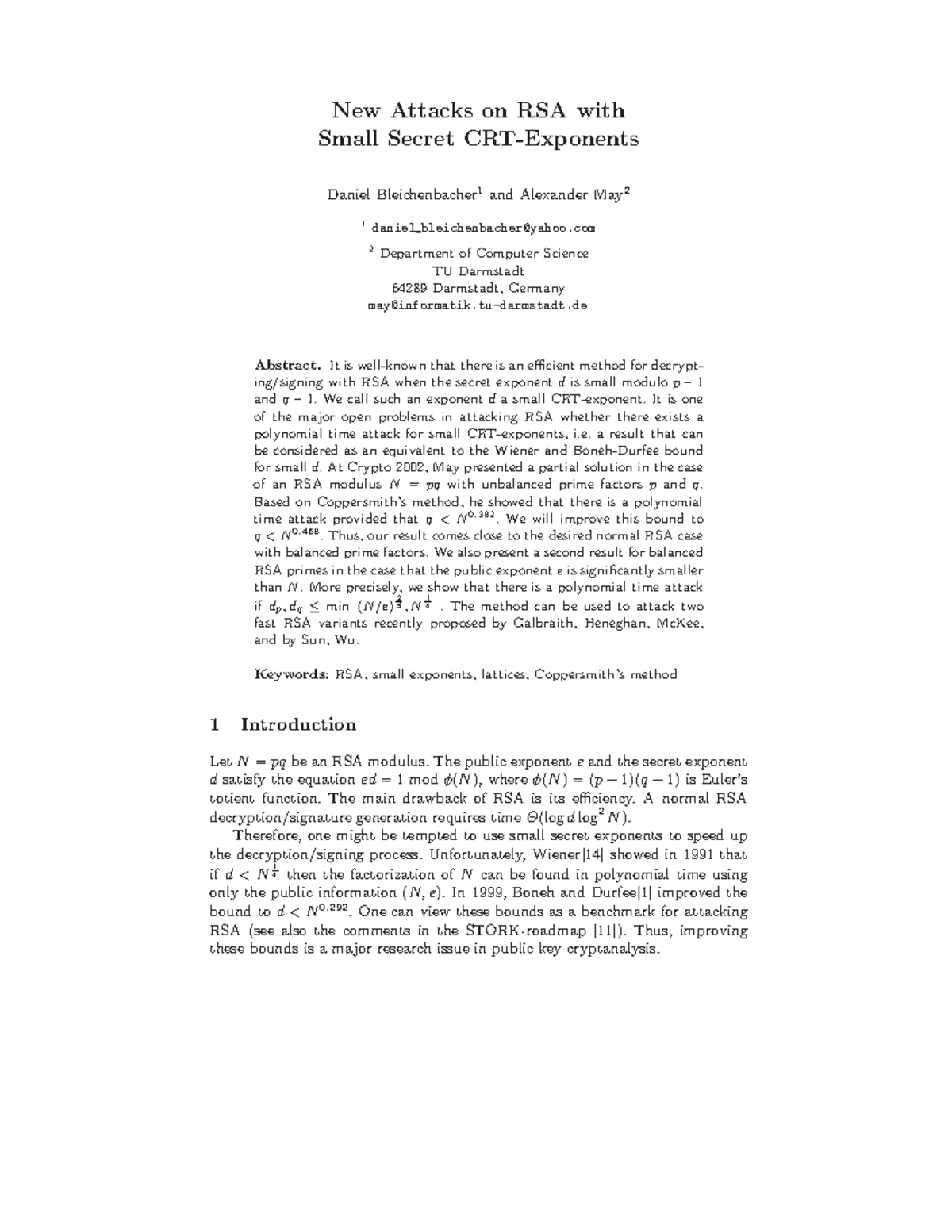 New Attacks on RSA with Small Secret CRT-Exponents - New Attacks on RSA ...