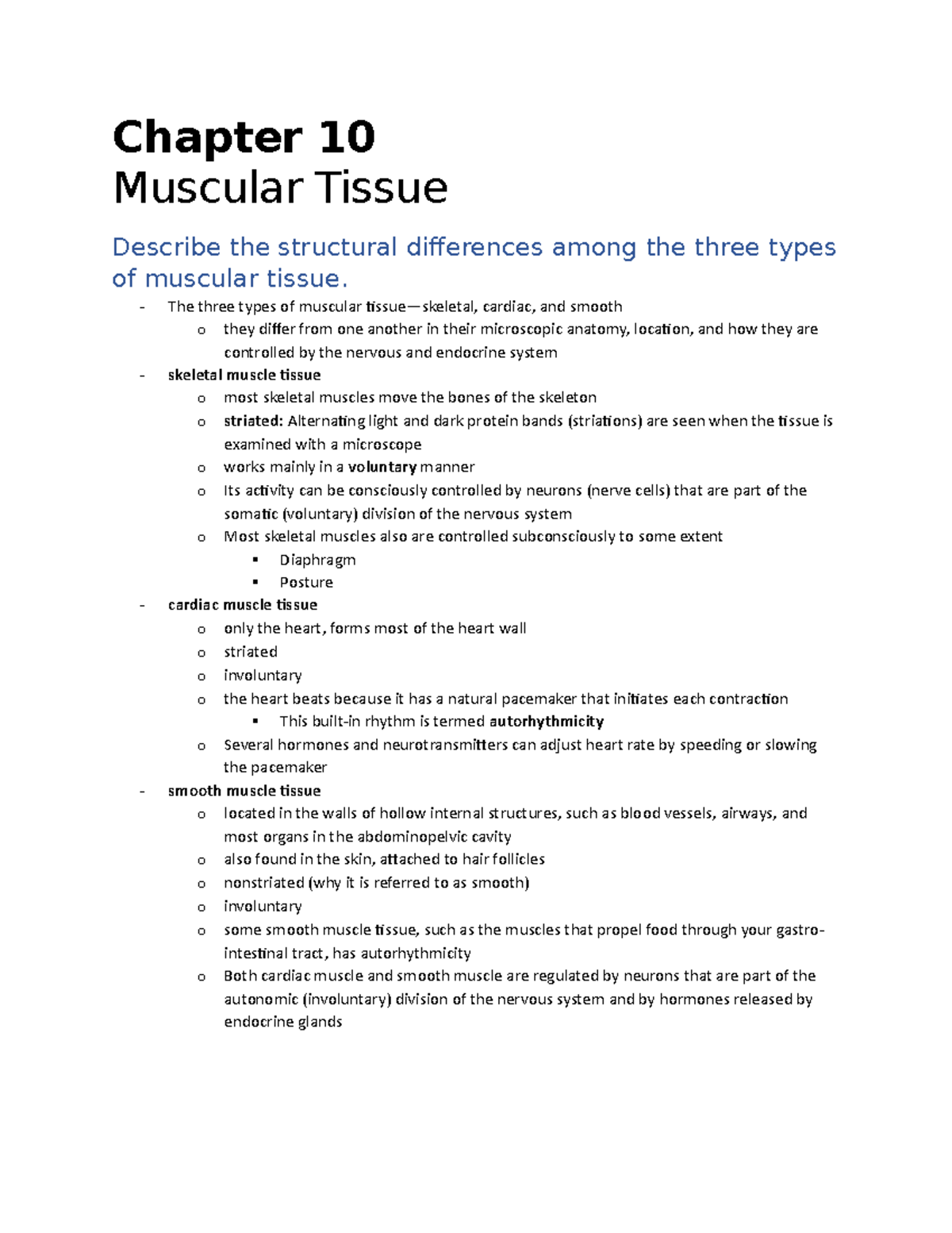 Ch 10 - Chapter 10 study notes - Chapter 10 Muscular Tissue Describe ...