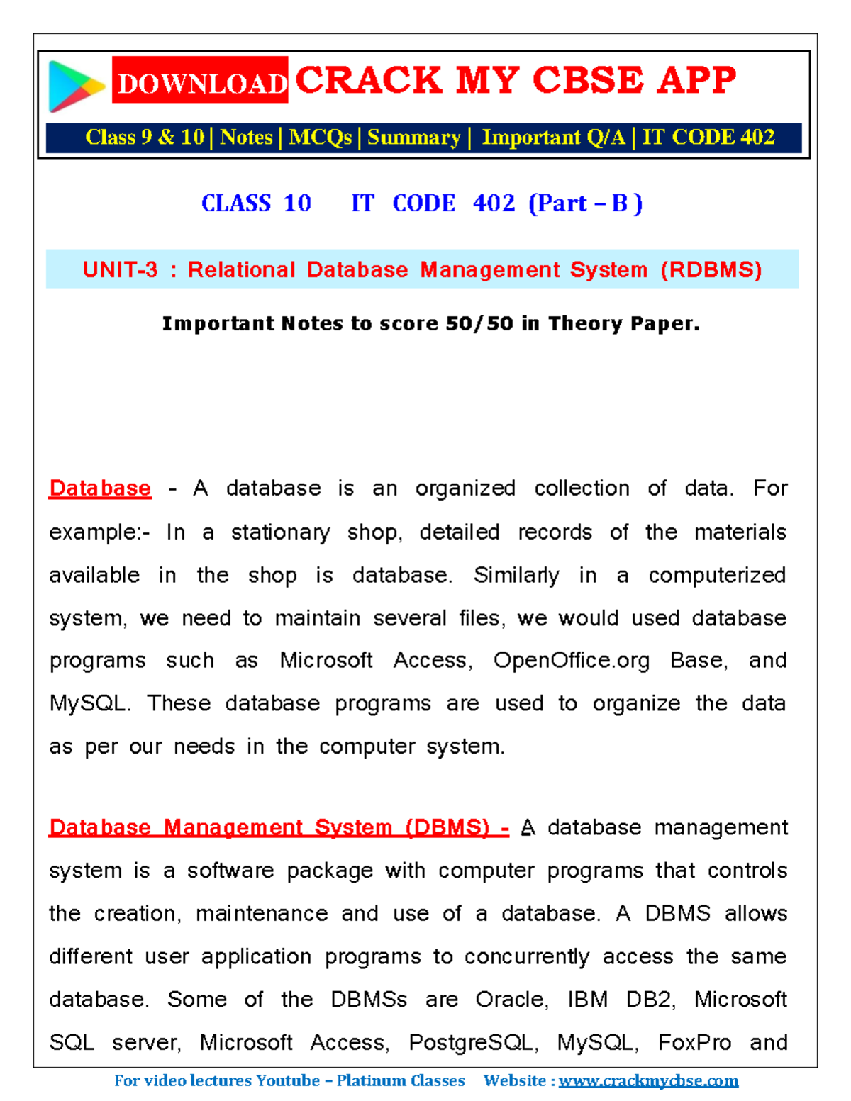 Unit 3FFDFFDGFDGF - CLASS 10 IT CODE 402 (Part – B ) UNIT-3 : Relational Database Management ...