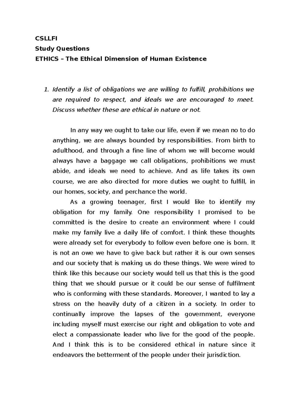 Ethics – The Ethical Dimension of Human Existence - CSLLFI Study ...