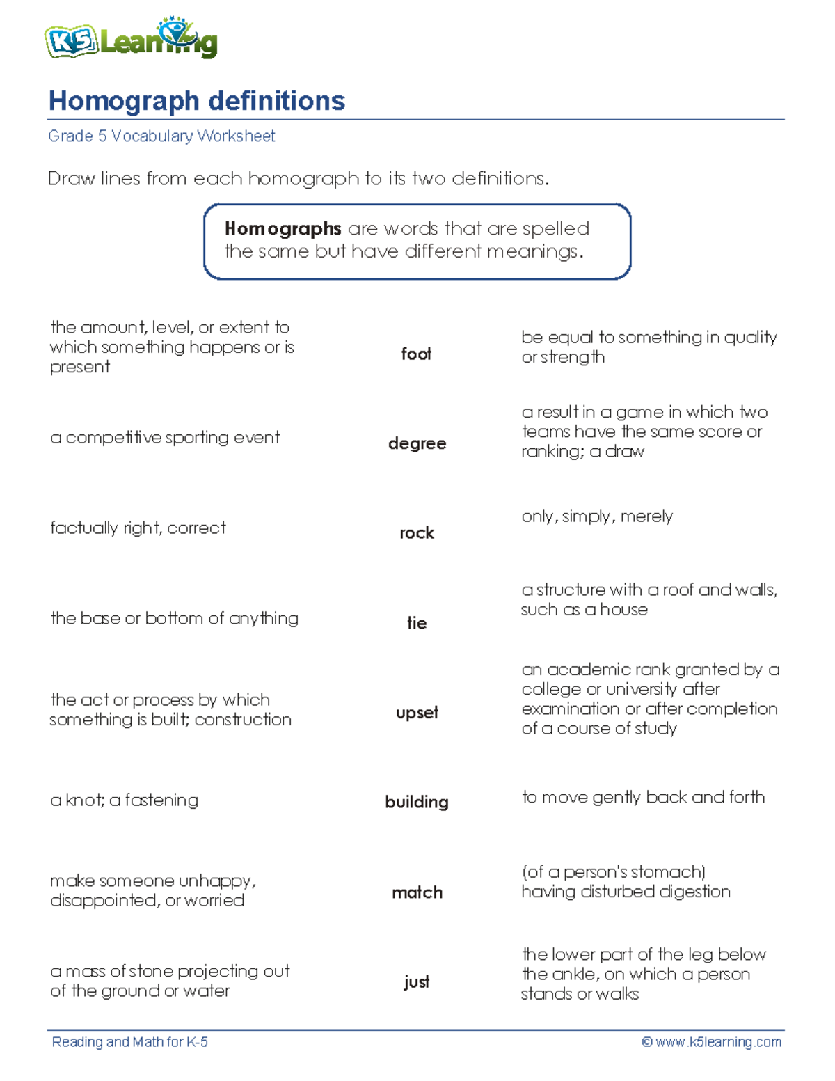 Grade 5 homograph definition 3 - Draw lines from each homograph to its ...