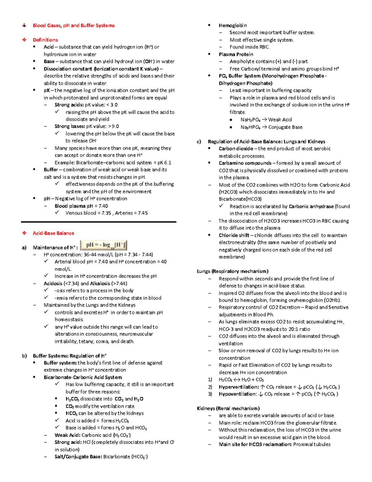 Blood Gases - summary notes - Medical Technology - FEU - Studocu