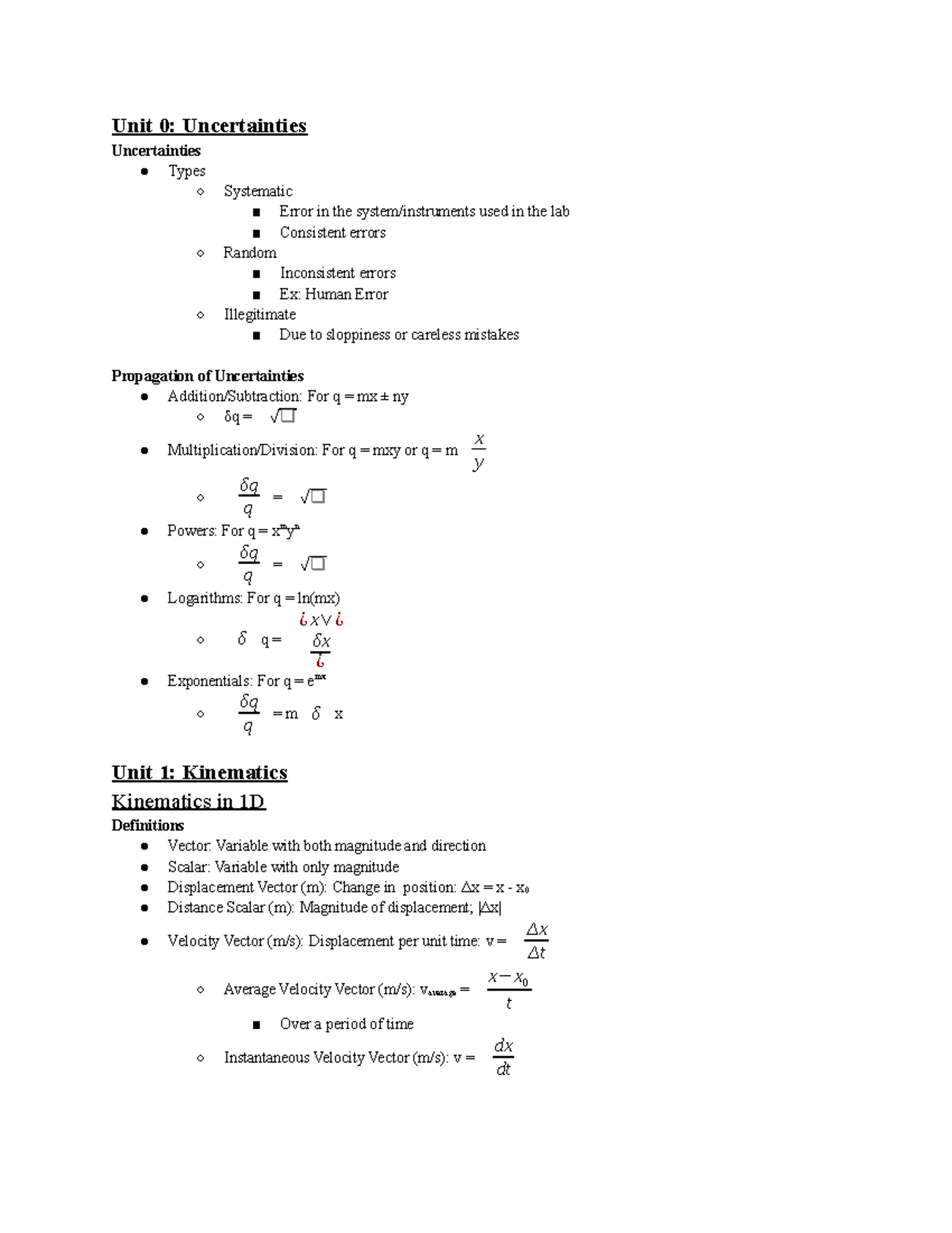 Physics Test 1 Notes - Unit 0: Uncertainties Uncertainties Types ...