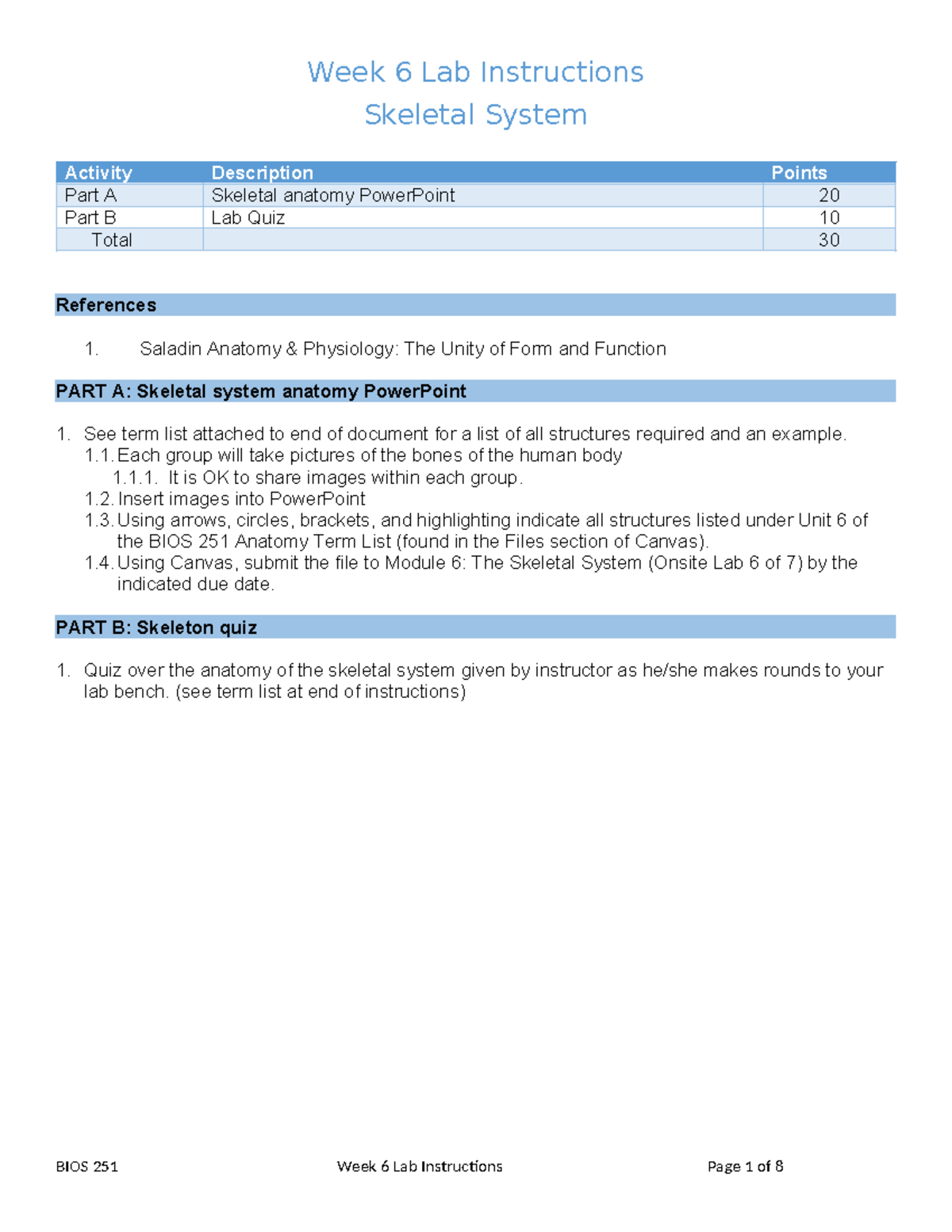 BIOS251+W6+Lab+Instructions - Week 6 Lab Instructions Skeletal System Activity Description ...