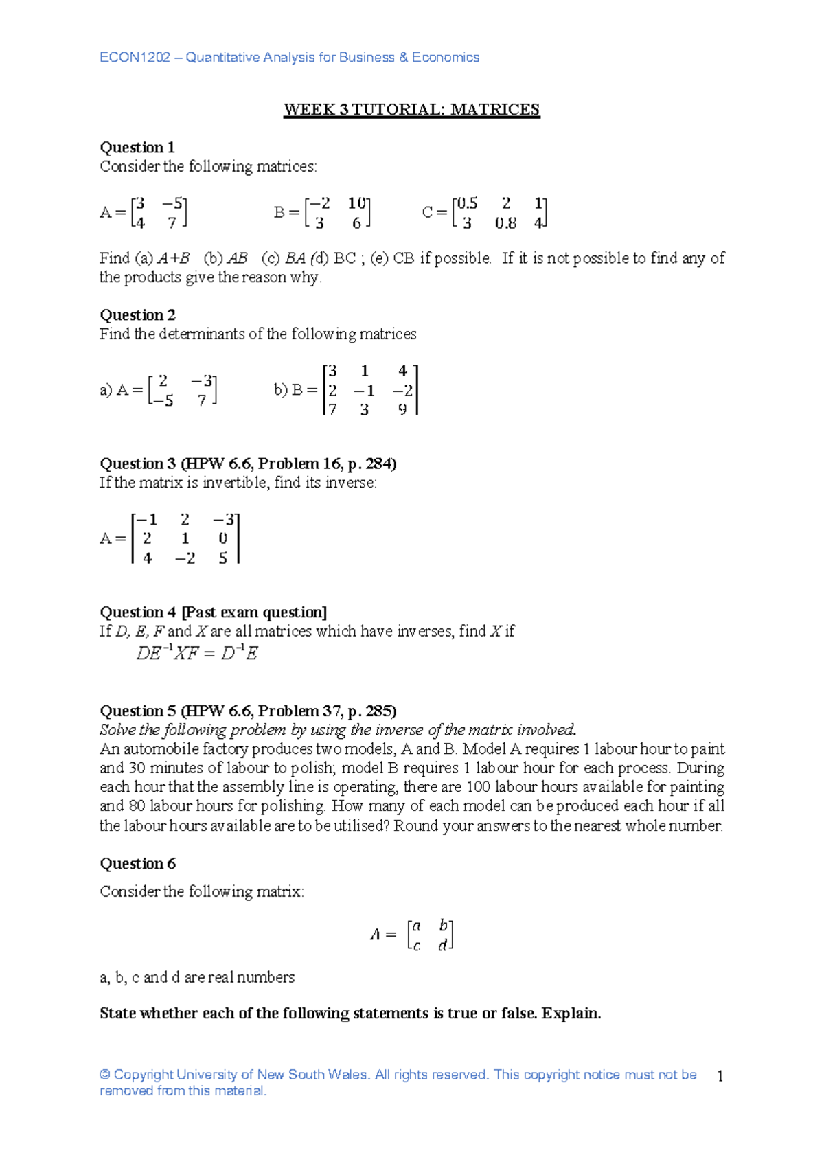 Week 3 Tutorial Questions - ECON1202 – Quantitative Analysis for Business & Economics © - Studocu