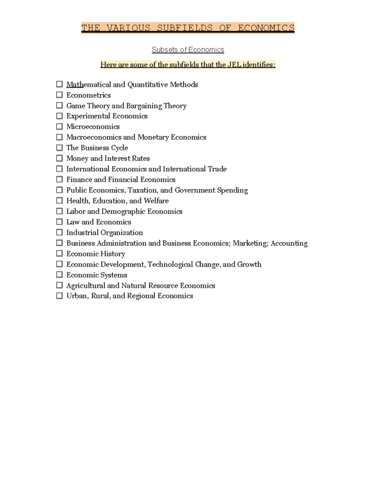 THE Various Subfield OF Economics - THE VARIOUS SUBFIELDS OF ECONOMICS ...