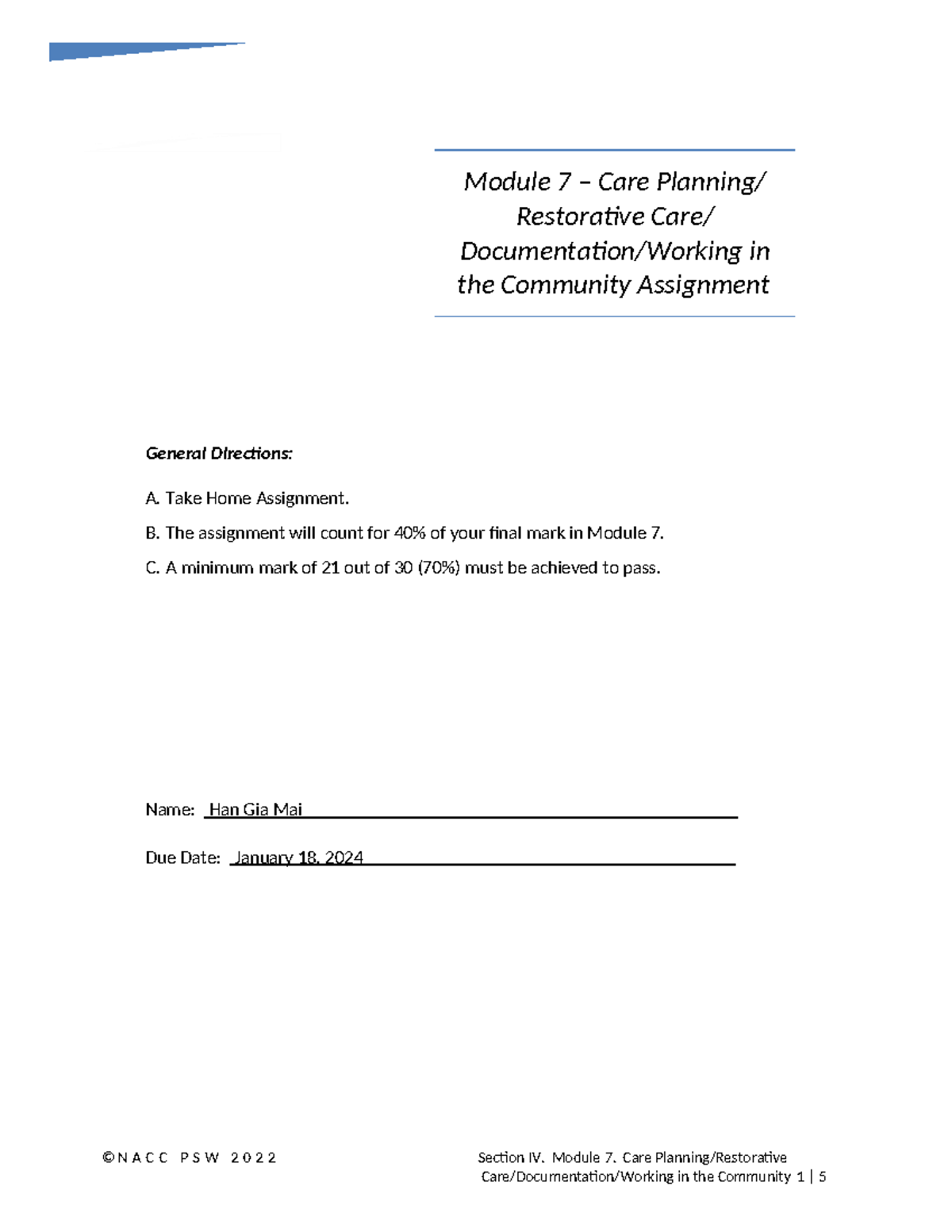 Han Mai - IV-8 Assigmt - Module 7 Care Planning-2 - © N A C C P S W 2 0 ...