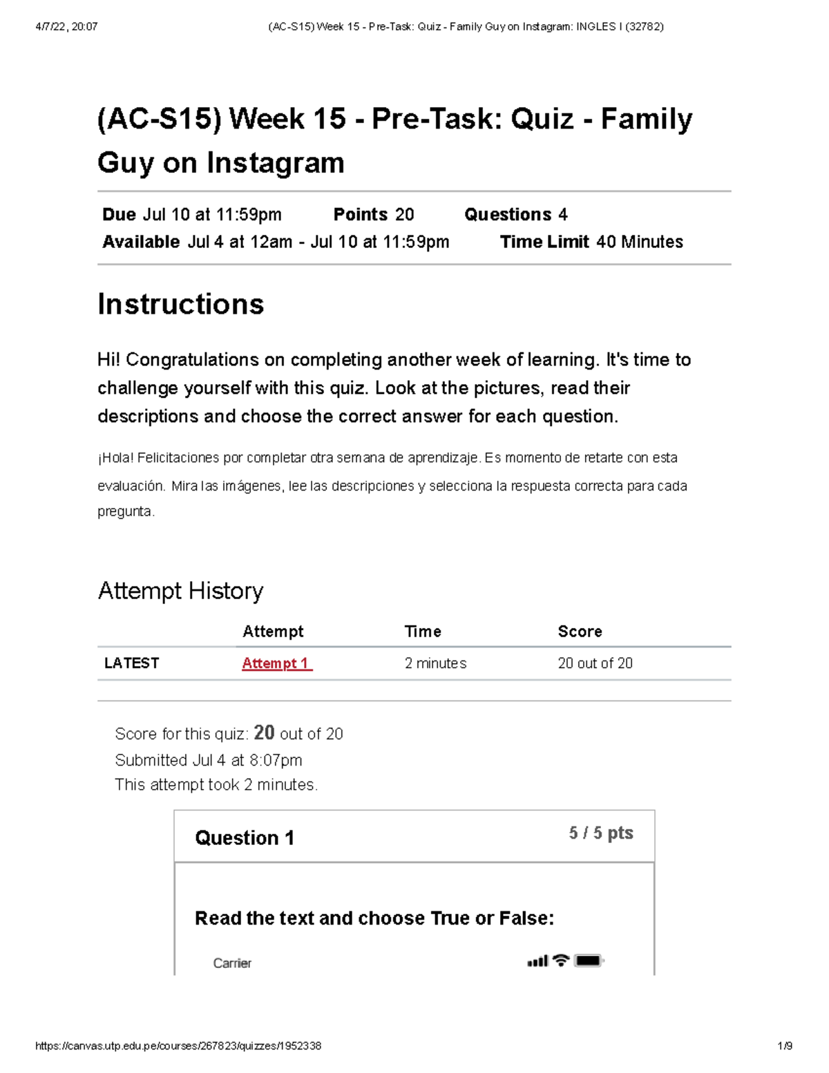 (AC-S15) Week 15 - Pre-Task Quiz - Family Guy on Instagram Ingles I (32782) - (AC-S15) Week 15 ...