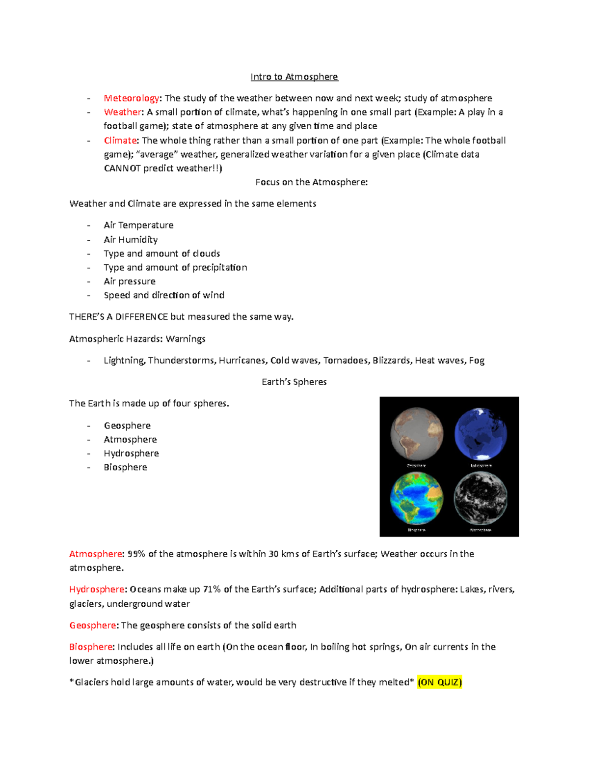 Weather and Climate Introduction to Atmosphere Notes - Intro to ...
