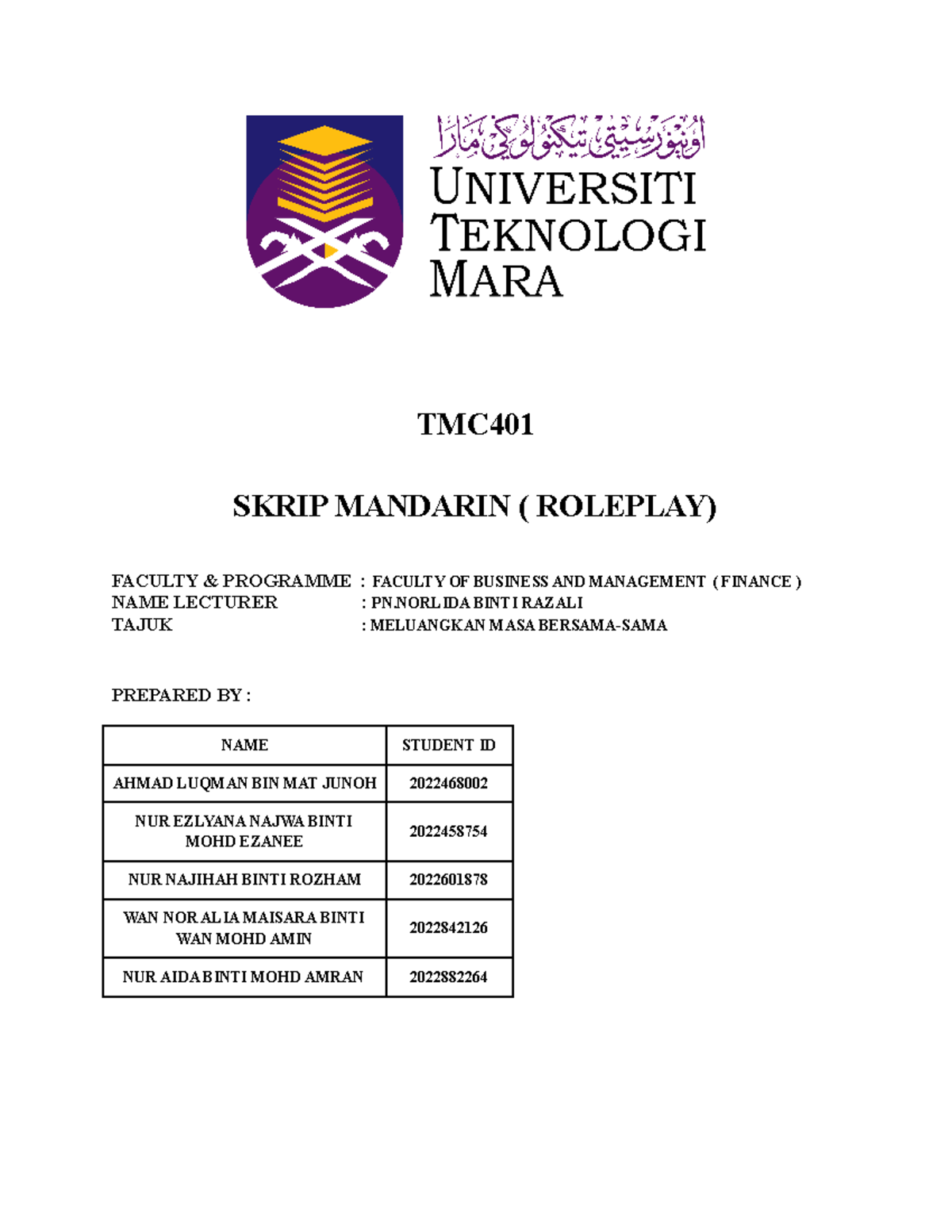Skrip Roleplay TMC401 - TMC SKRIP MANDARIN ( ROLEPLAY) FACULTY ...