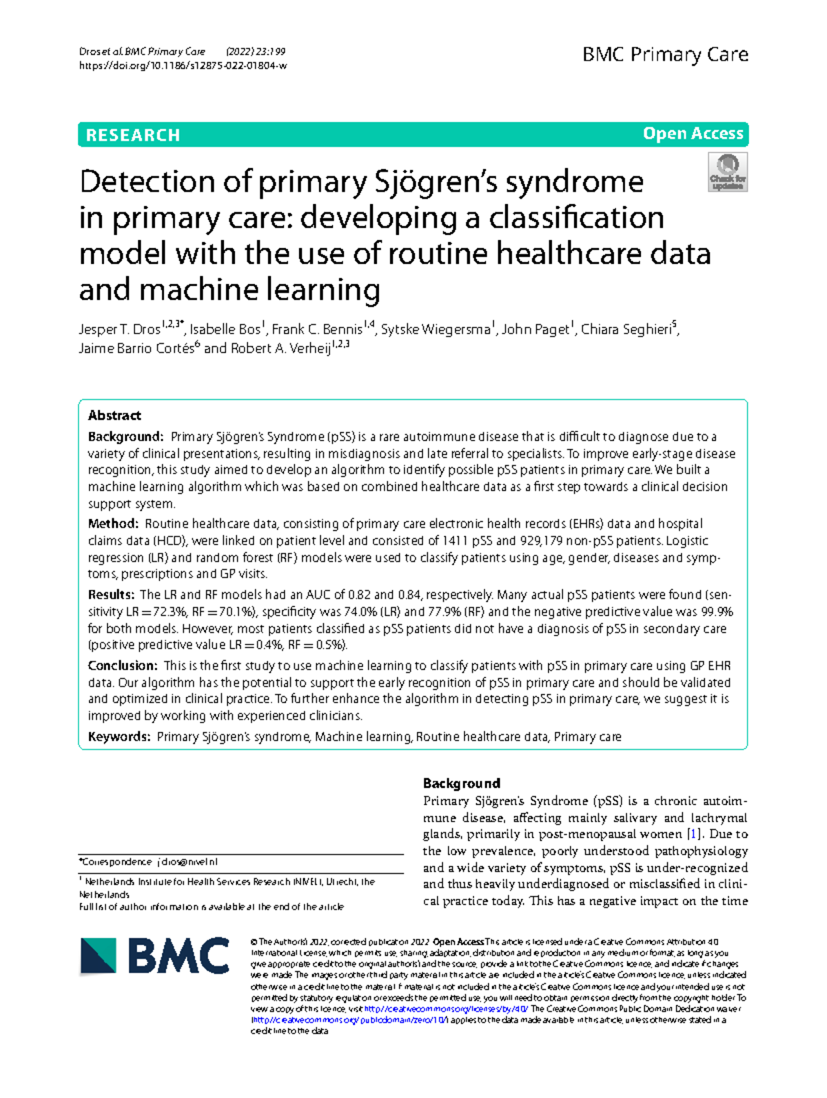 mahine learning article - Dros et al. BMC Primary Care (2022) 23: doi/10.1186/s12875-022-01804-w ...