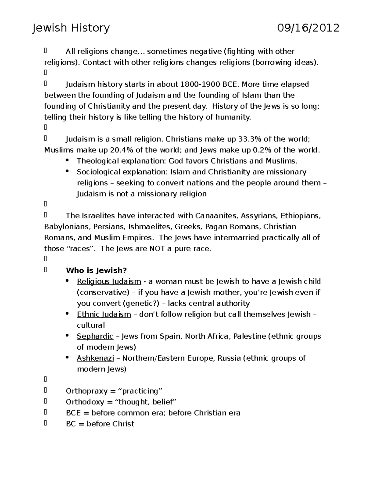 Intro to Judaism - Jewish History 09/16/ All religions change ...