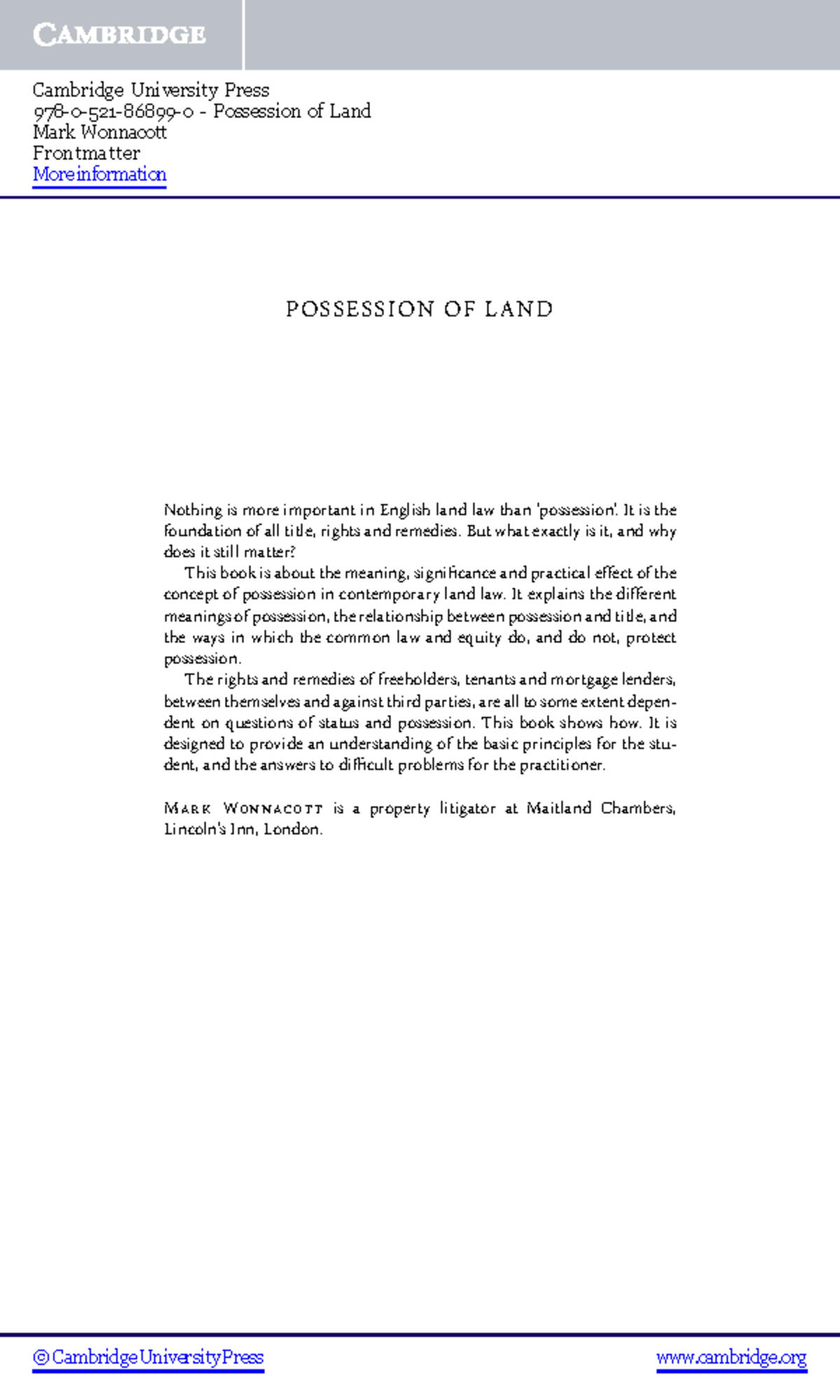 Possession OF LAND - Summary Immovable Property Law I - POSSESSION OF ...