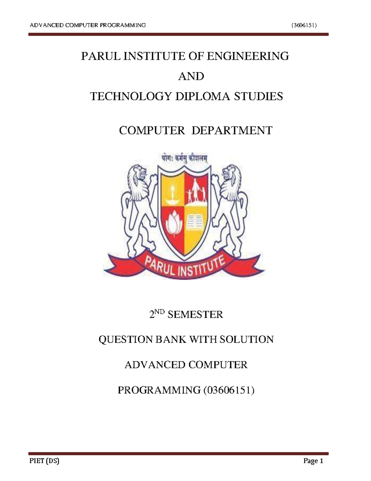 ACP Questionbank - 2nd Sem ACp Questions Bank. - P IET (DS) Page 1 ADVANCED COMPUTER PROGRAMMING ...