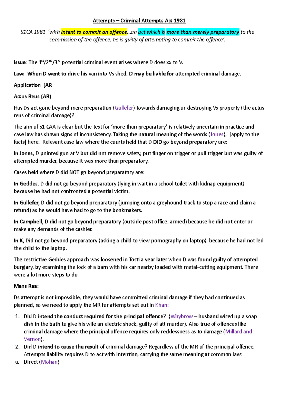 Attempts answer framework - Attempts – Criminal Attempts Act 1981 S1CA ...