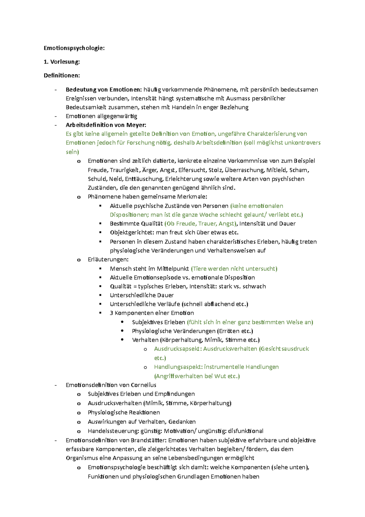 Zusammenfassung der 1. und 2. Vorlesung - Emotionspsychologie: 1. Vorlesung: Definitionen ...