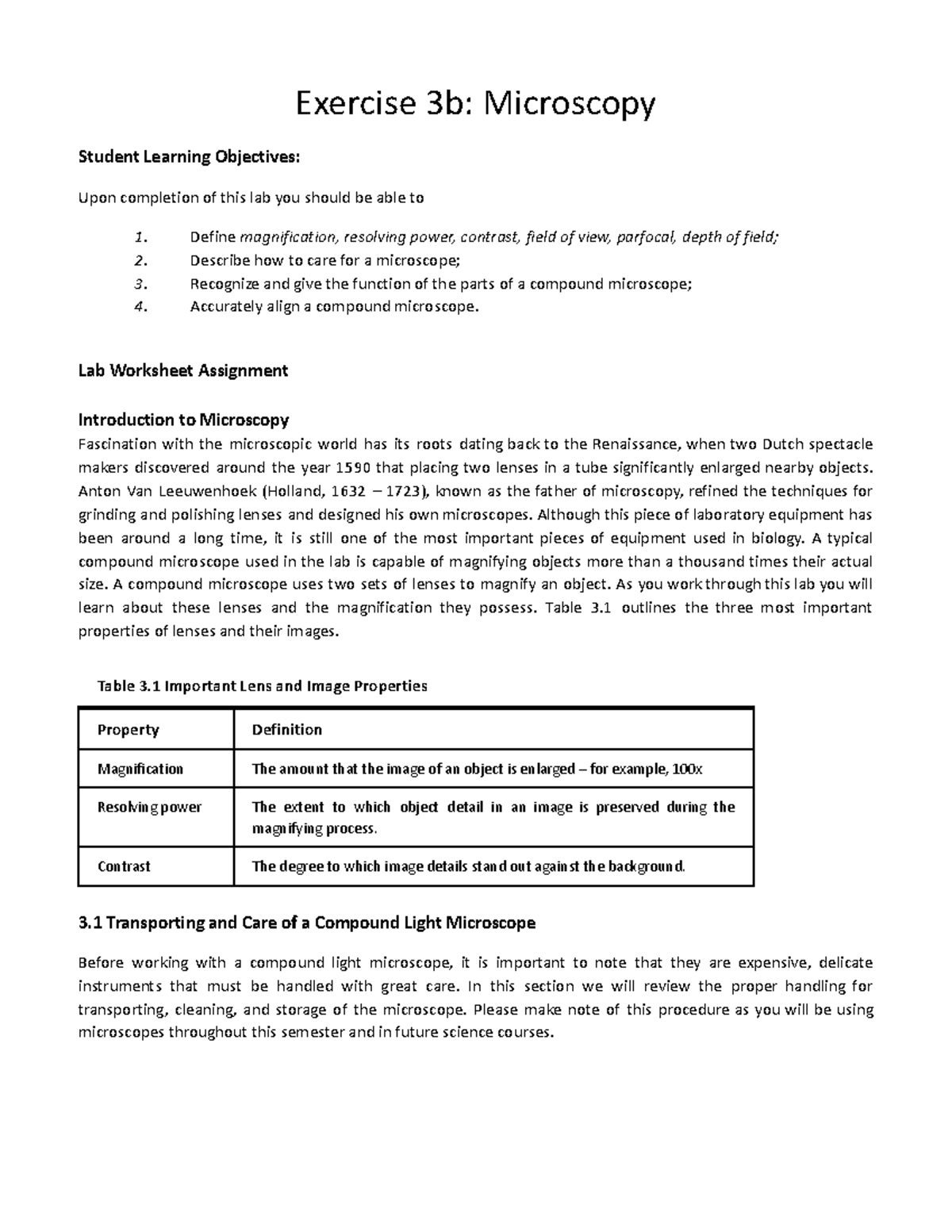 Ex. 3b Microscopy Worksheet - Exercise 3b: Microscopy Student Learning ...