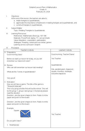 Detailed Lesson Plan in Mathematics 4 - Detailed Lesson Plan in ...