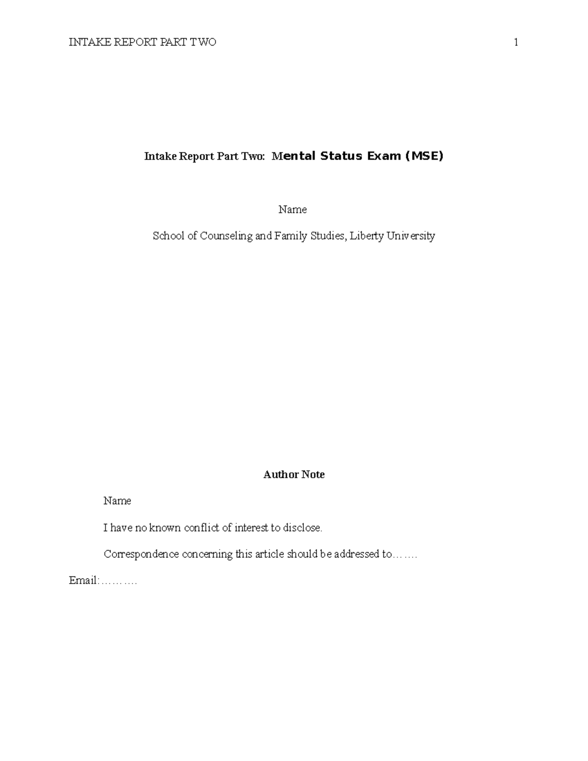 Intake Report Part two b - Intake Report Part Two: Mental Status Exam ...