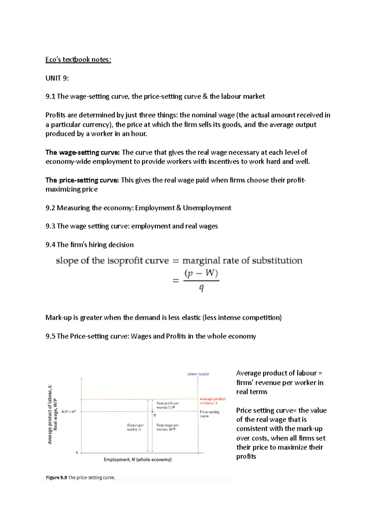 Ecos textbook notes - Eco’s textbook notes: UNIT 9: 9 The wage-setting ...