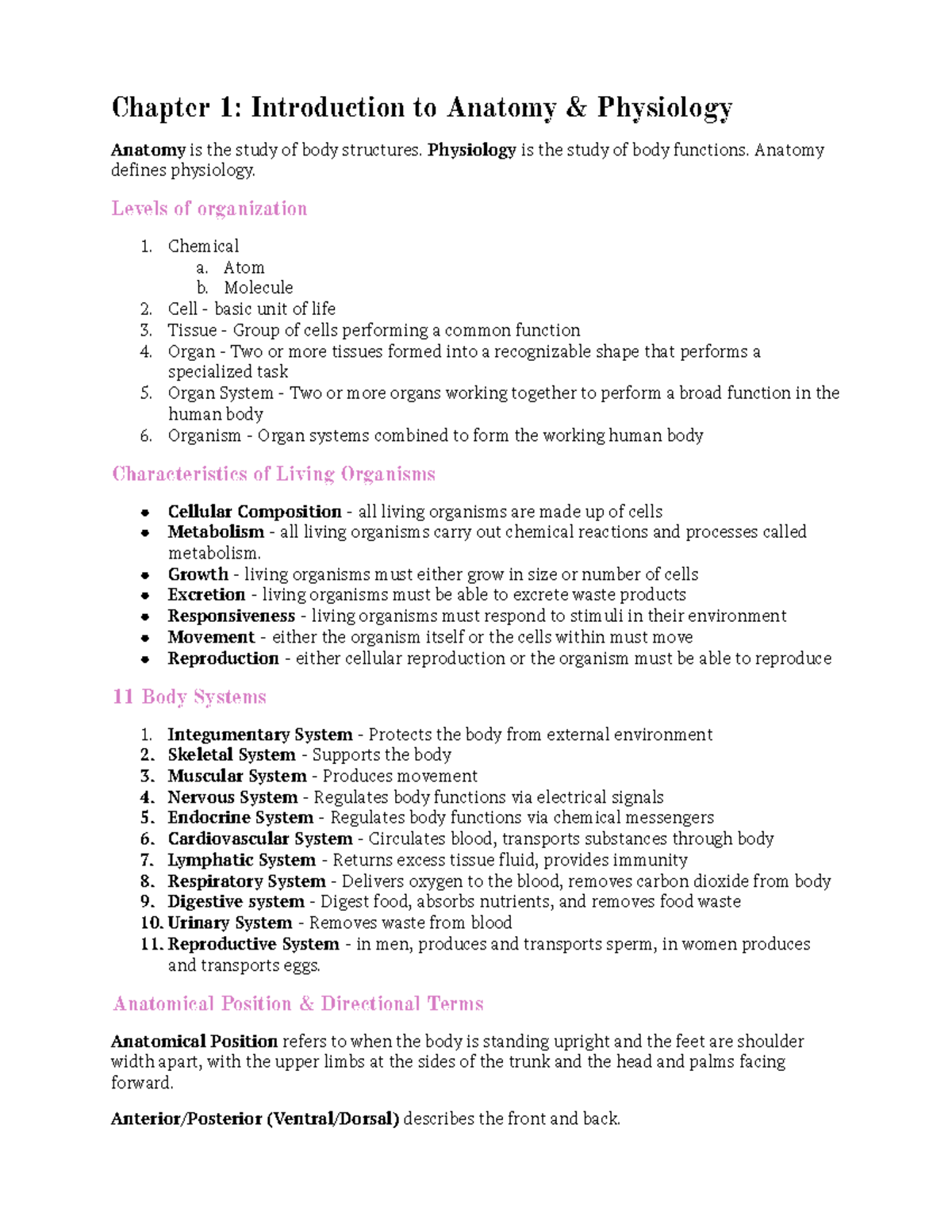 Chapter 1: Introduction to Anatomy & Physiology - Chapter 1 ...