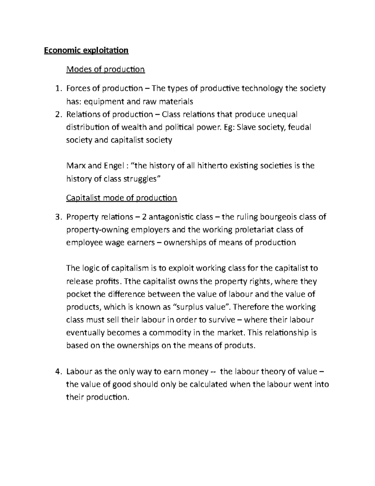 Summary - Lecture 10 - Marxism - Economic exploitation Modes of ...