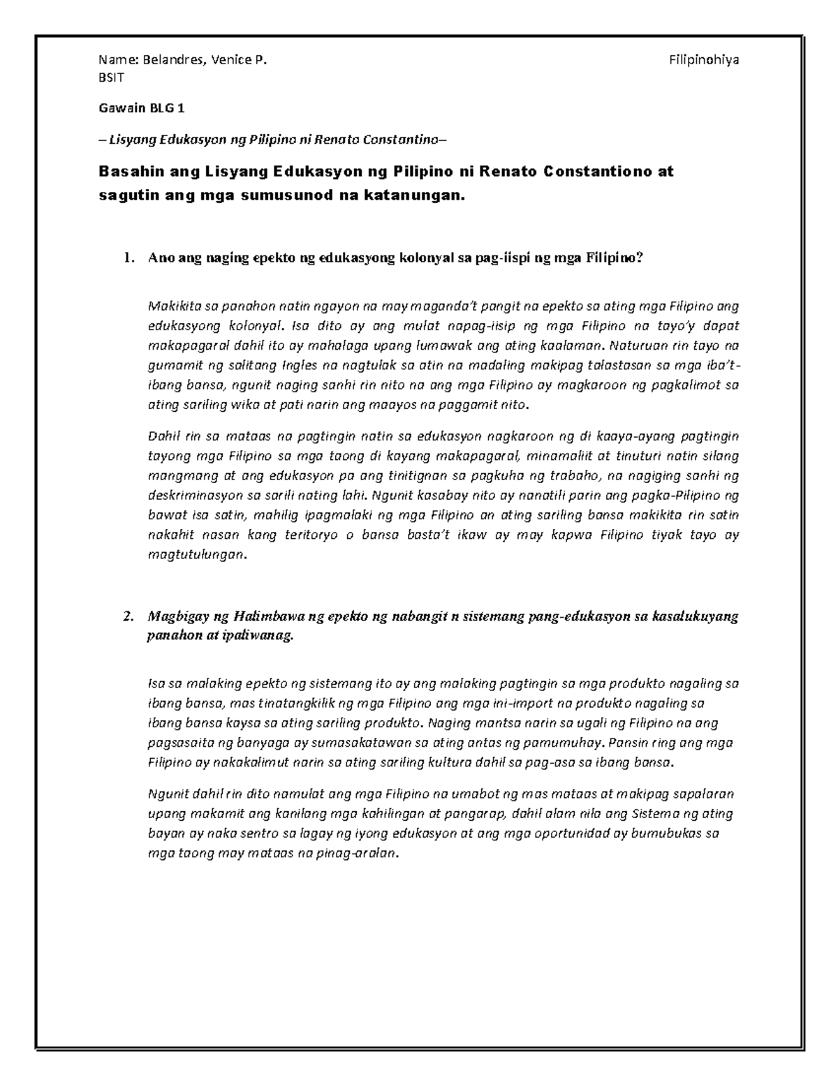 Fa APK-1 - aaaaa - Name: Belandres, Venice P. Filipinohiya BSIT Gawain ...