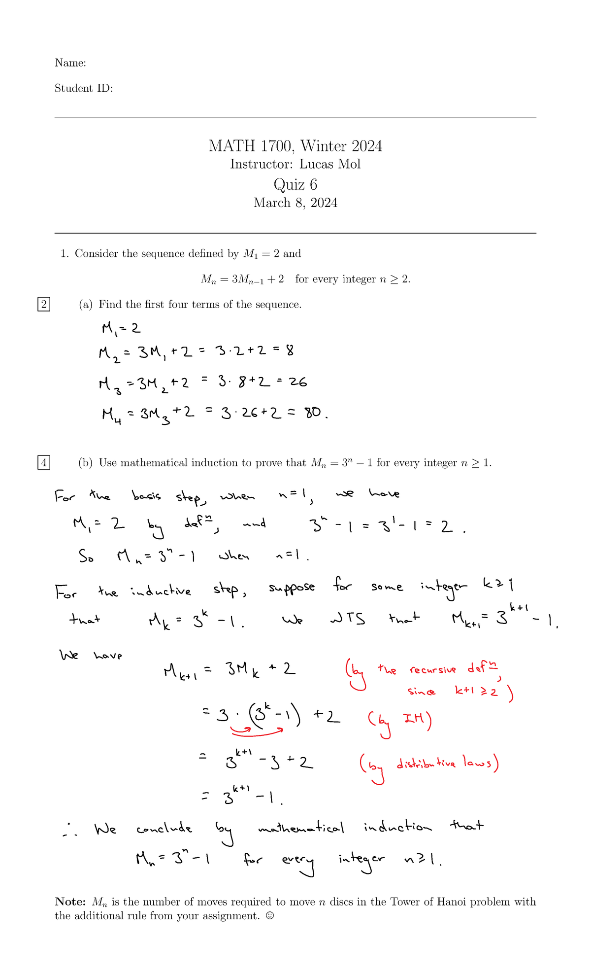 Quiz 6 Version 1 Solutions - Math 1701 - Name: Student ID: MATH 1700 ...