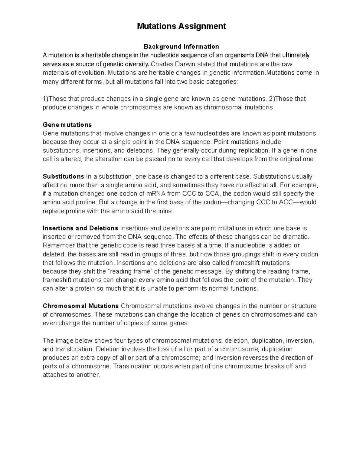 Mutations Assignment - give me the answers - Background Information A ...