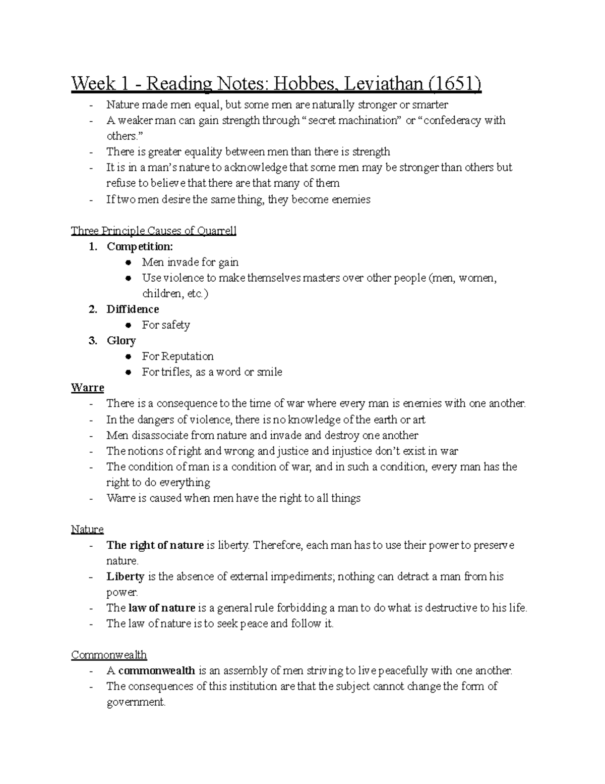 Poli Sci 1 Reading Notes 3 - Week 1 - Reading Notes: Hobbes, Leviathan ...