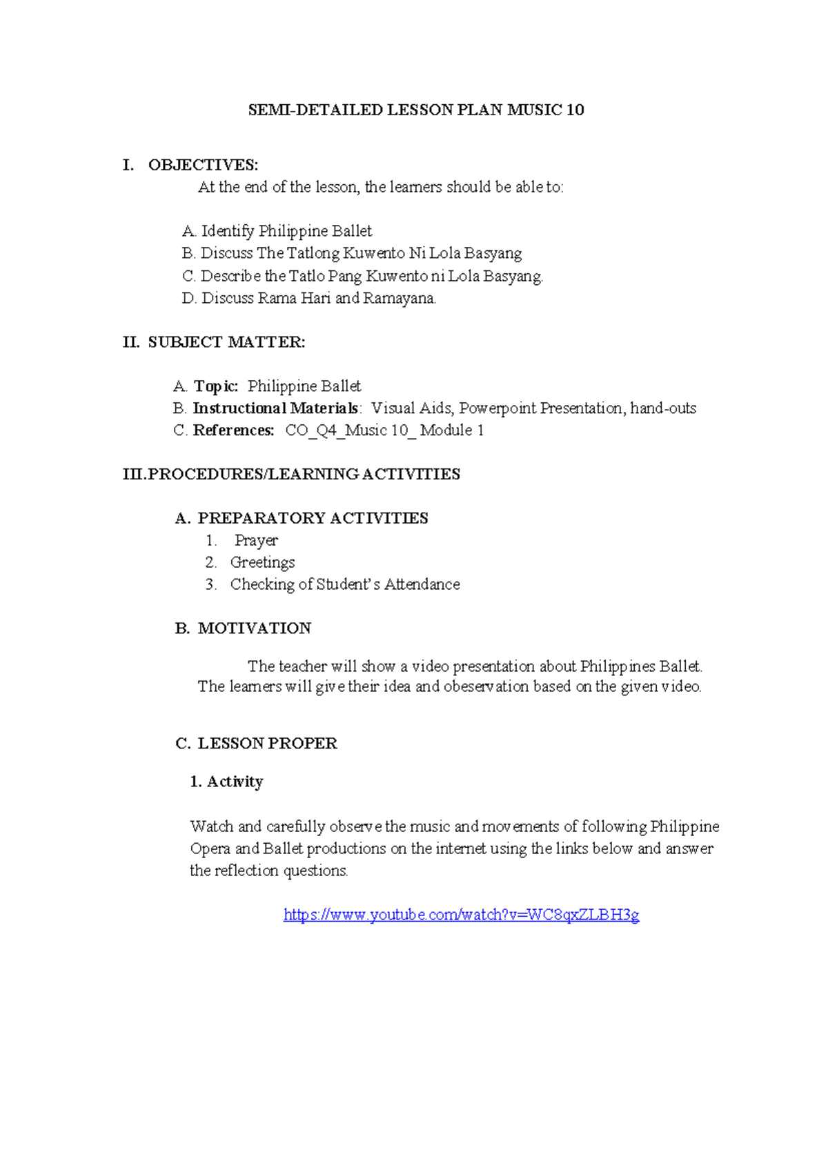 Philippine Ballet - SEMI-DETAILED LESSON PLAN MUSIC 10 I. OBJECTIVES ...