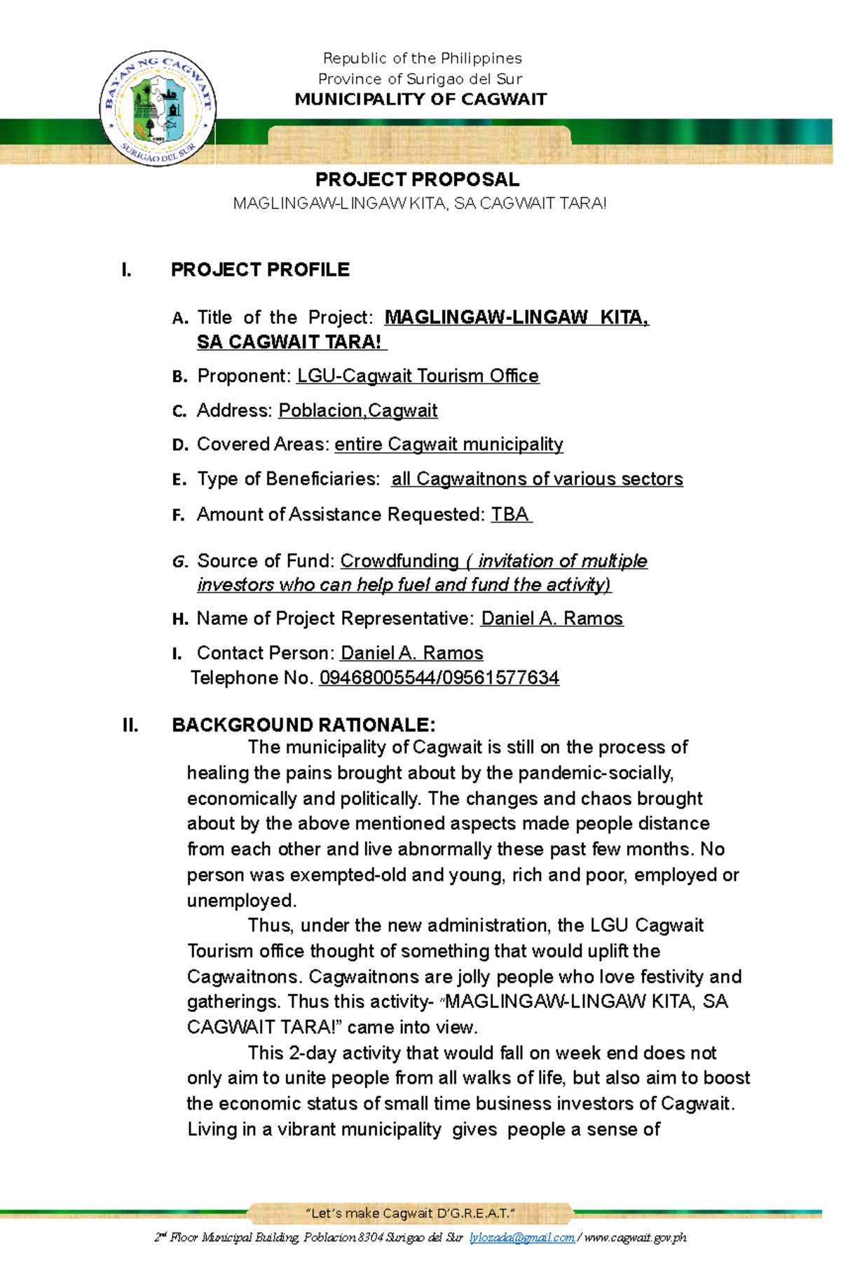 Activity Proposal - “Let’s make Cagwait D’G.R.E.A.” Republic of the ...