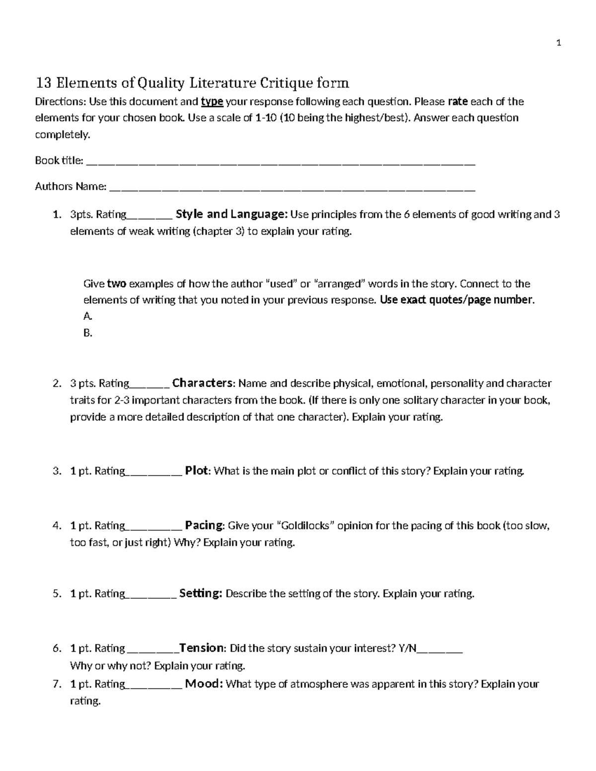 13 elements of quality literature form - 1 13 Elements of Quality ...