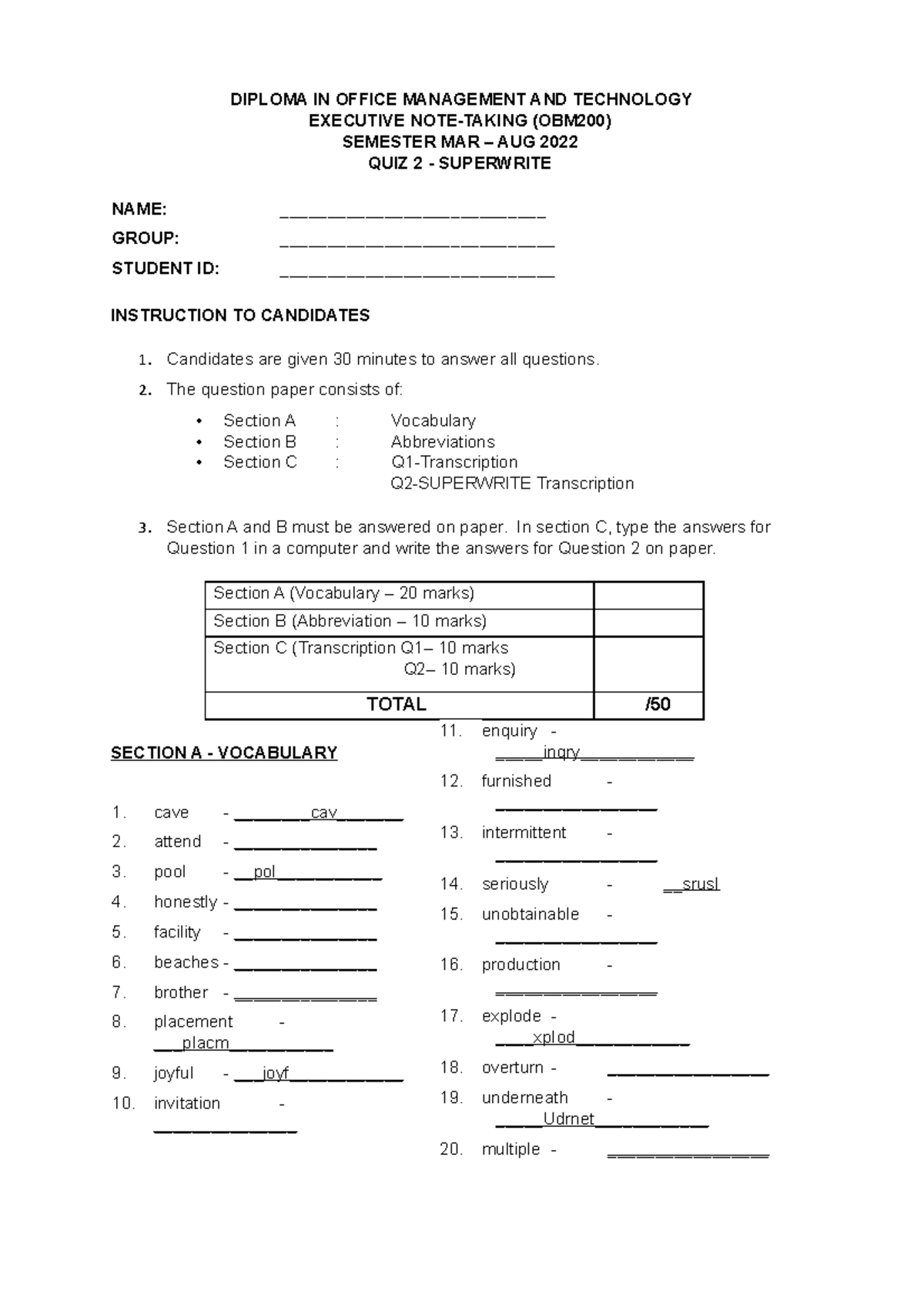 QUIZ Superwrite 2022 - DIPLOMA IN OFFICE MANAGEMENT AND TECHNOLOGY ...