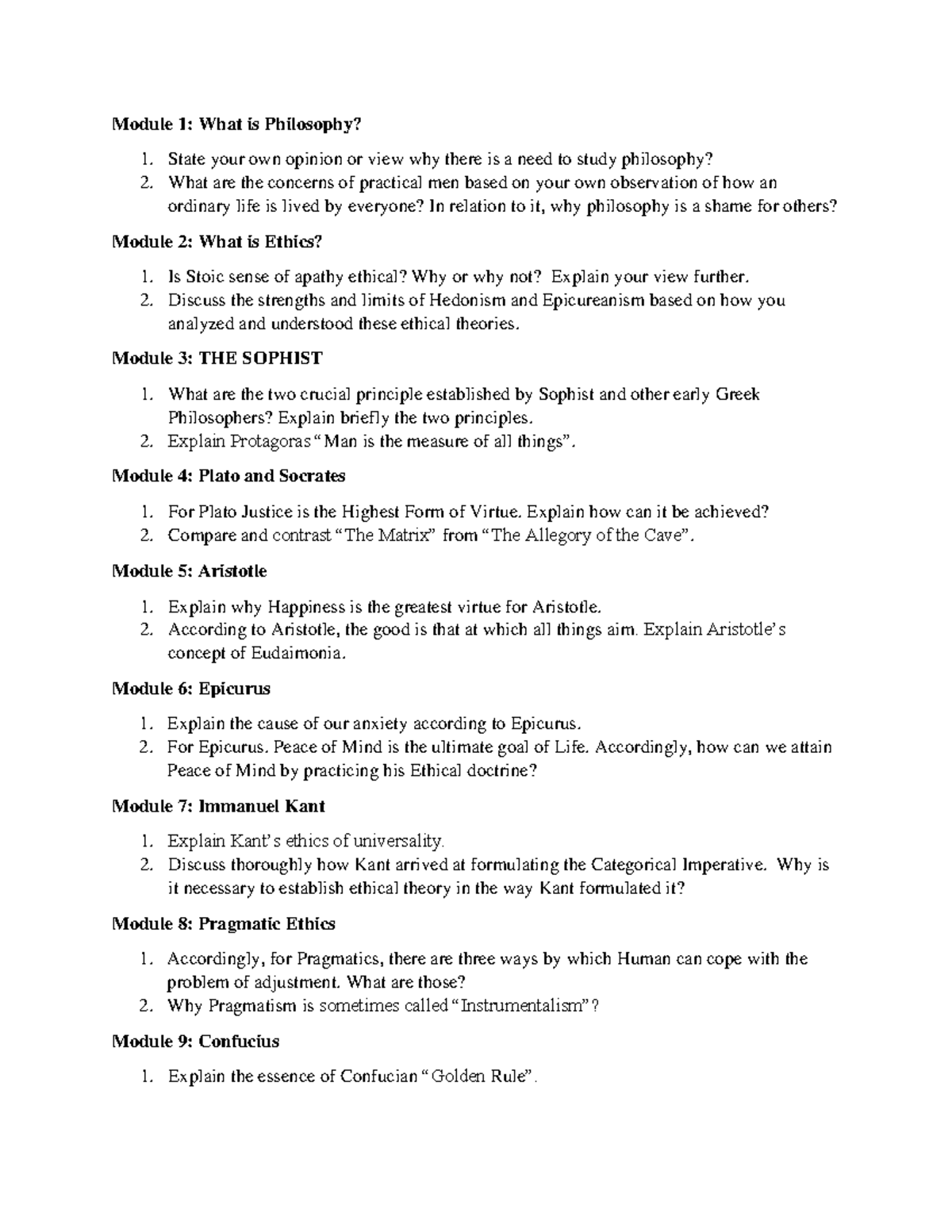 Ethic's Activity from Module 1 to Module 10 Questions - Module 1: What ...