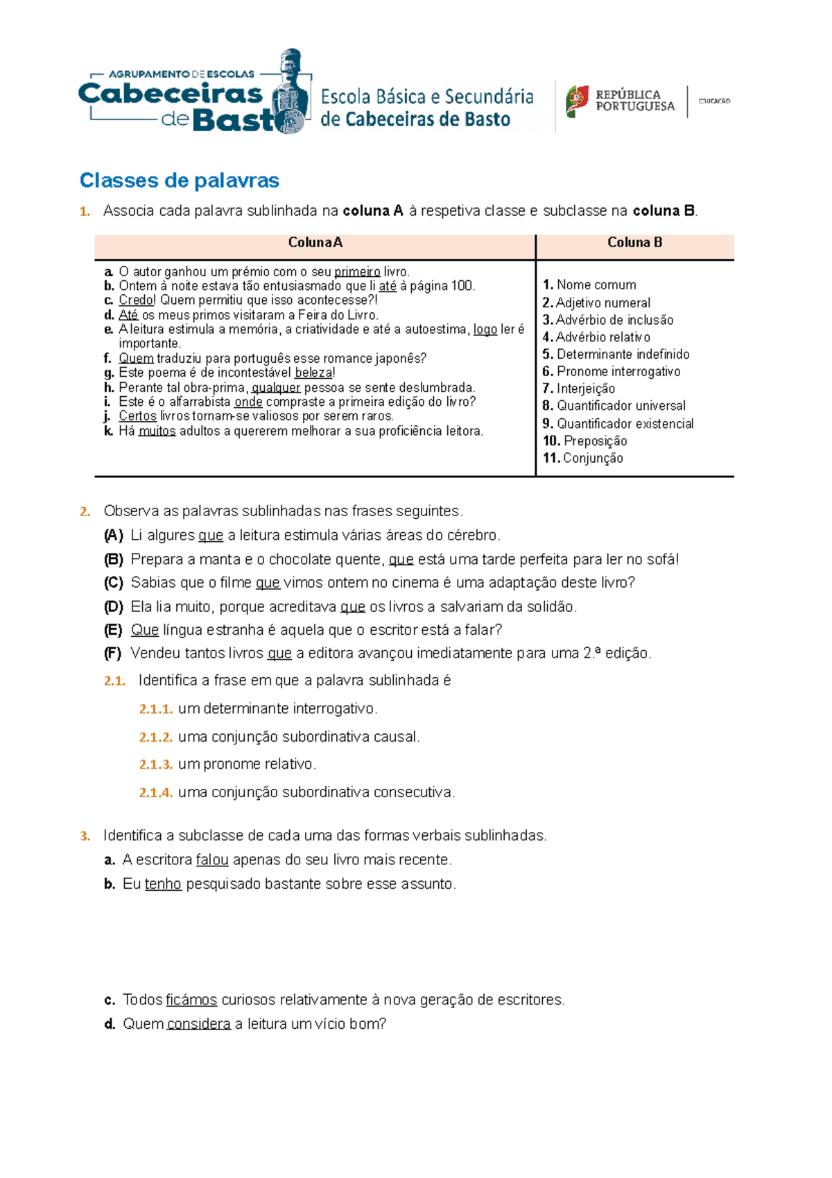 questao aula gramatica - classes palavras - Classes de palavras 1 ...