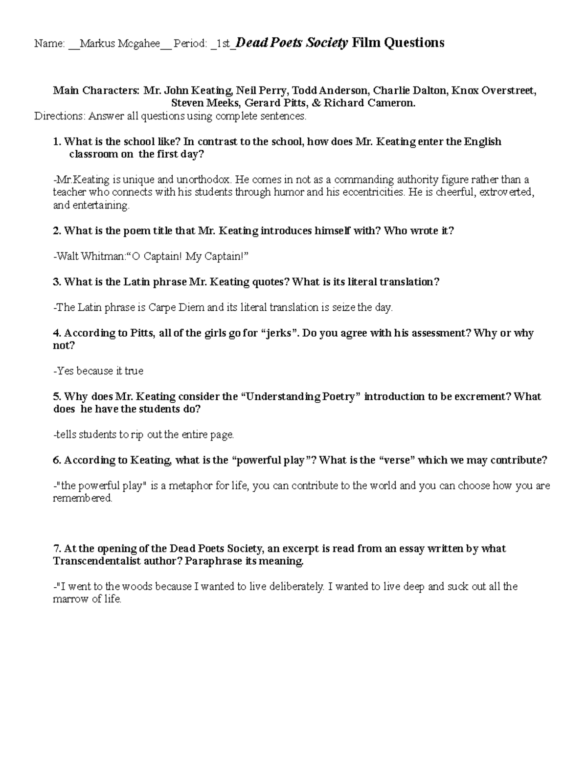 [Template] dead poets society film questions - Name: Markus Mcgahee ...